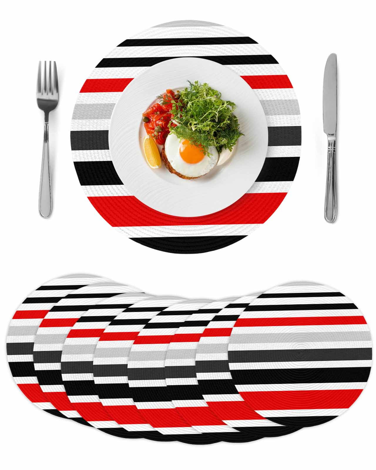 Abstract Striped Round Table Placemats set of 8, Red Black White ...