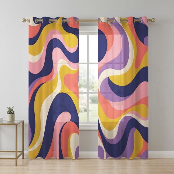 Abstract Striped Sheer Curtains 90 Inch Long 2 Panels, Purple Yellow ...