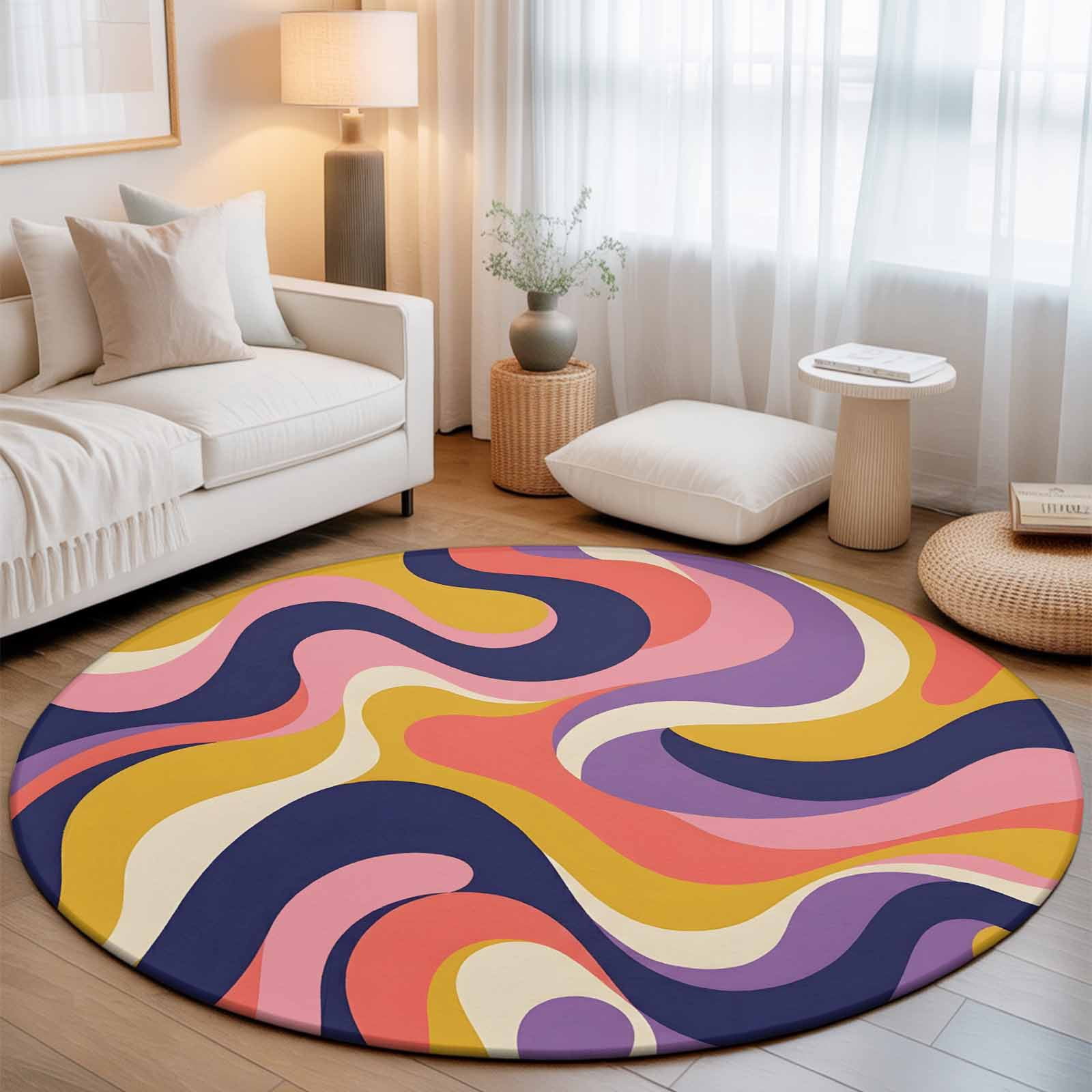 Abstract Striped Washable Round Area Rug 8 ft, Purple Yellow Pink ...
