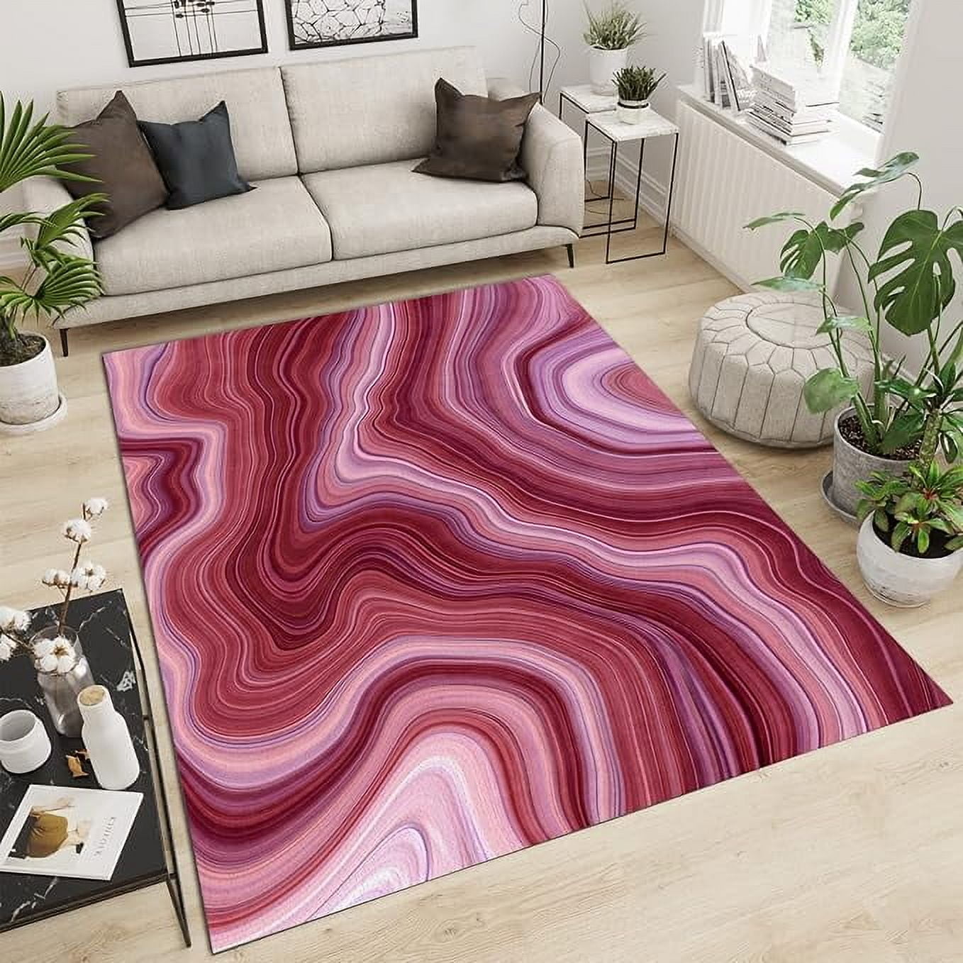 Abstract Striped Wavy Marble Area Rugs, Fluid Pink Gilt Art Soft ...
