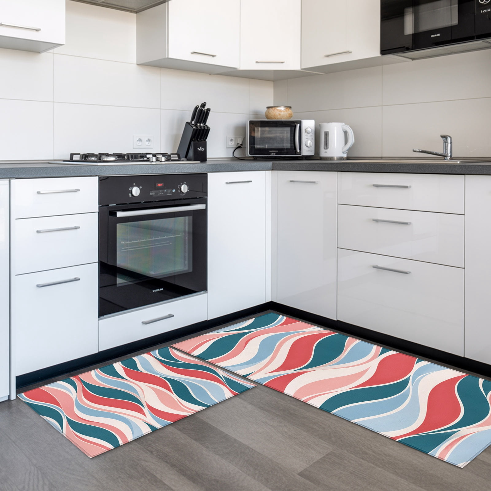 Abstract Stripes 2 Pieces Non-Slip Kitchen Mat Set, Geometric Curves ...