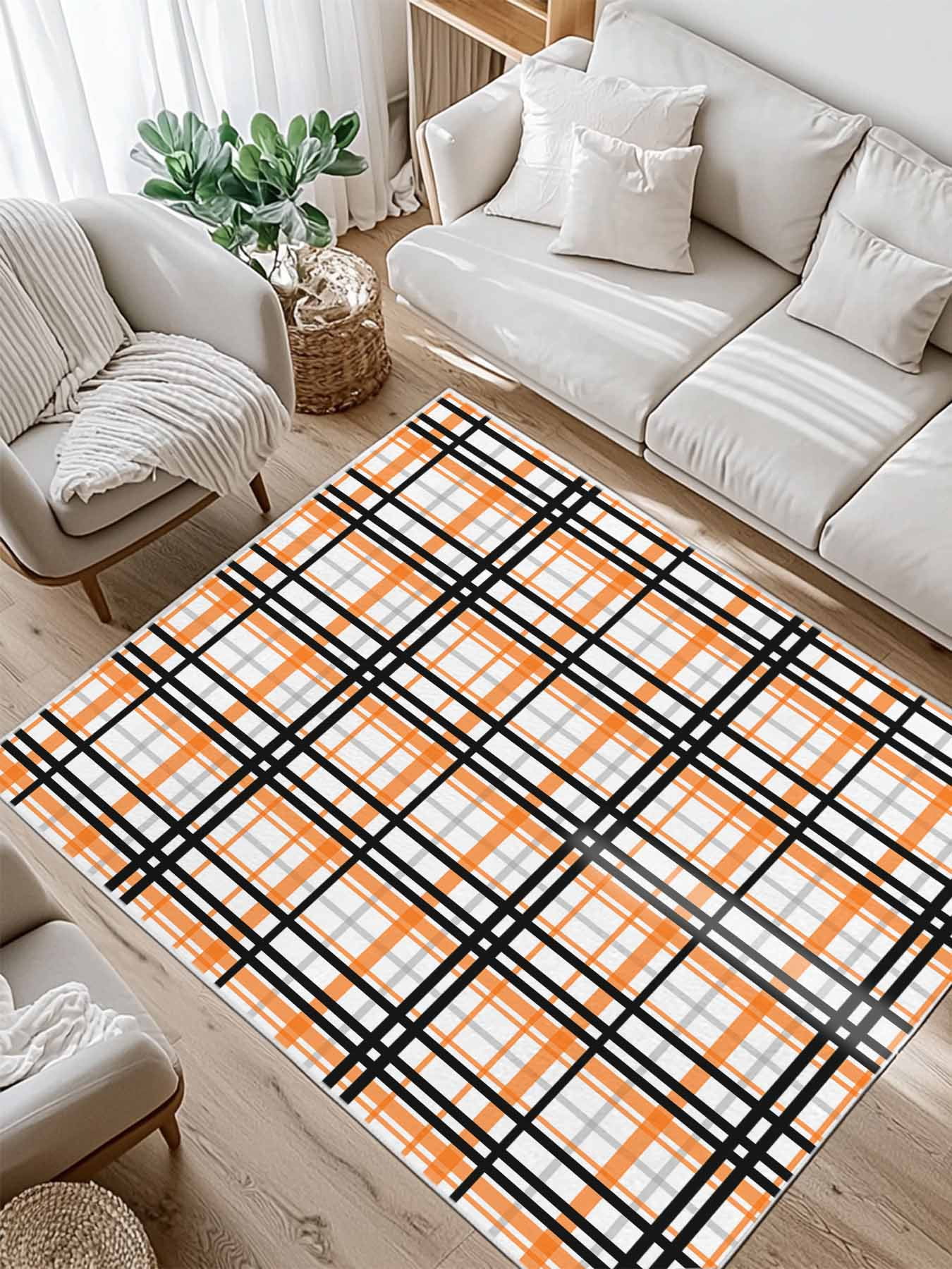 Abstract Stripes Area Rug for Bedroom 2.7x5 Ft Orange Black Grey Plaid ...