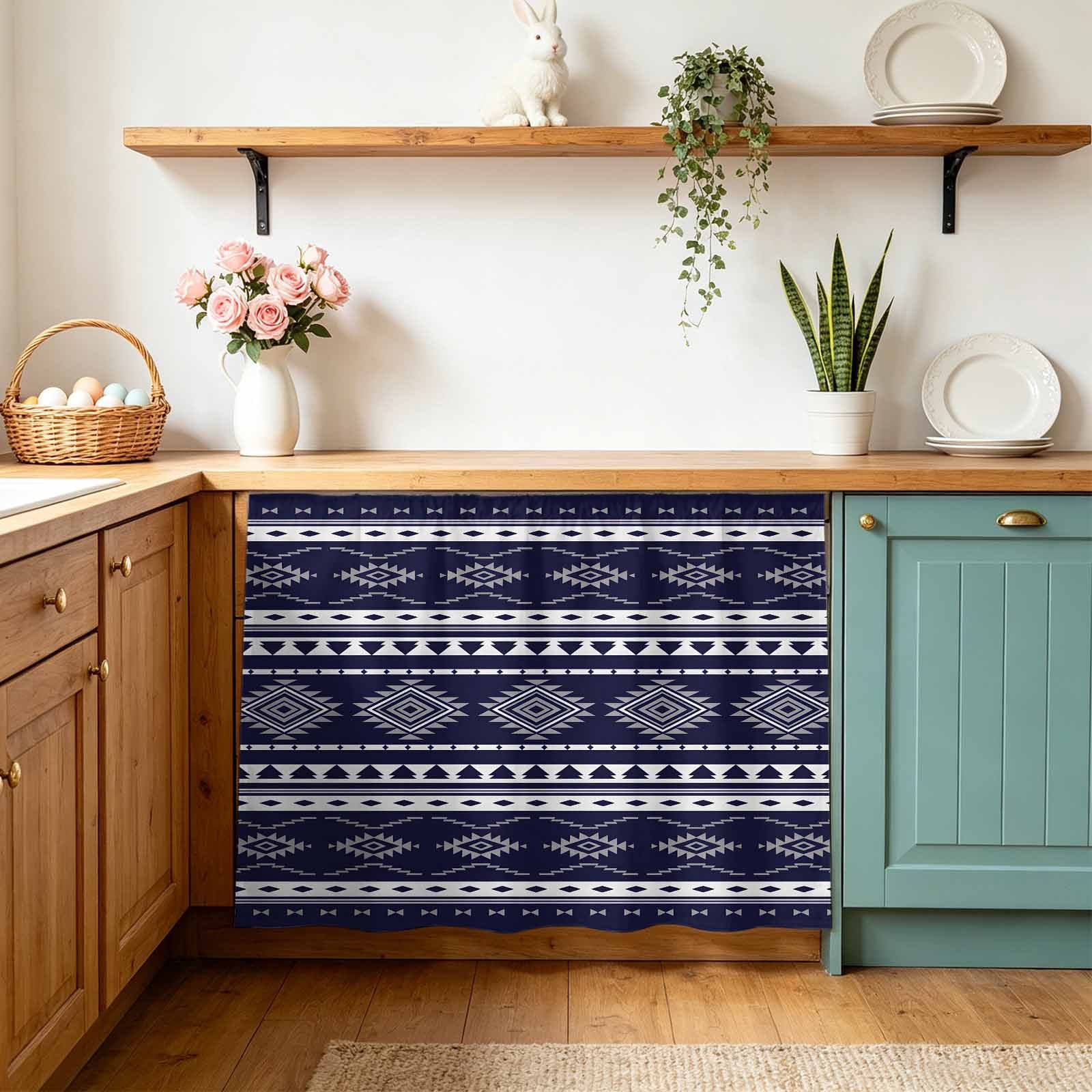 Abstract Stripes Cabinet Curtains 28" W x 35" L Dark Blue Aztec Ethnic ...