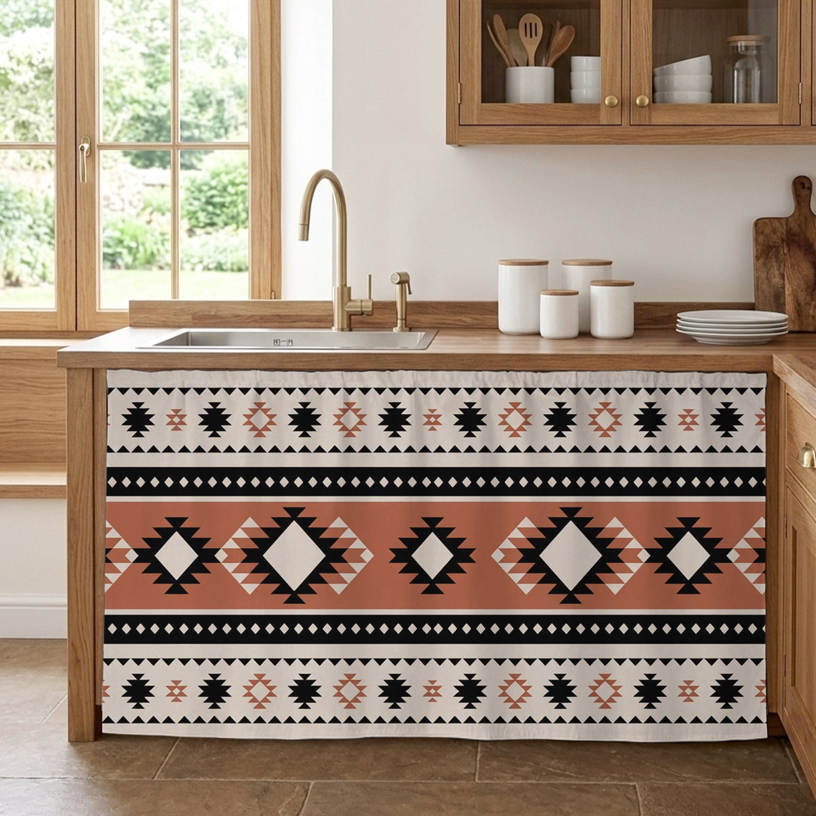Abstract Stripes Cabinet Curtains 32" W x 55" L Black Orange Aztec ...