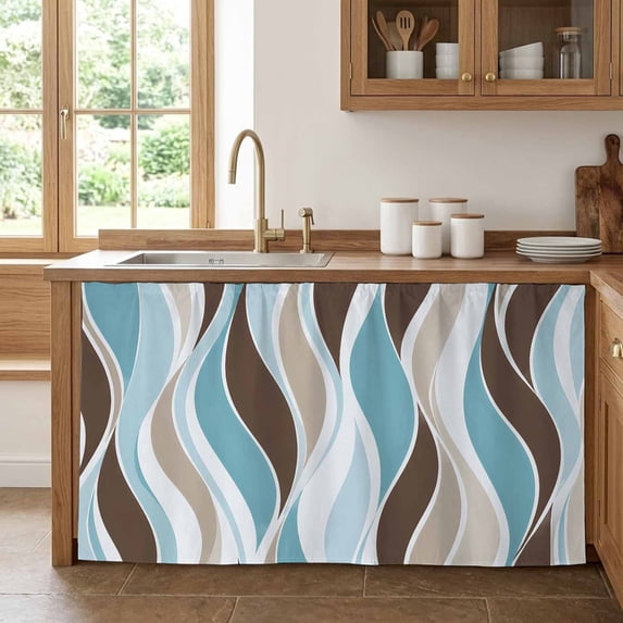 Abstract Stripes Cabinet Curtains 32" W x 55" L, Geometric Taupe Blue ...