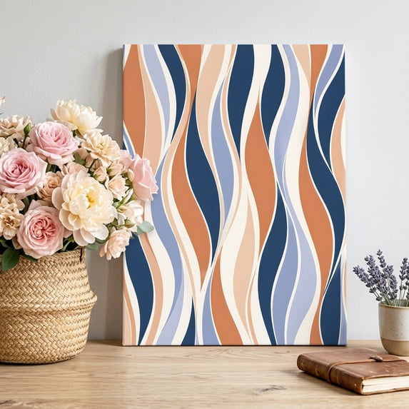 Abstract Stripes Canvas Wall Art, Geometric Orange Navy Blue Fluid ...