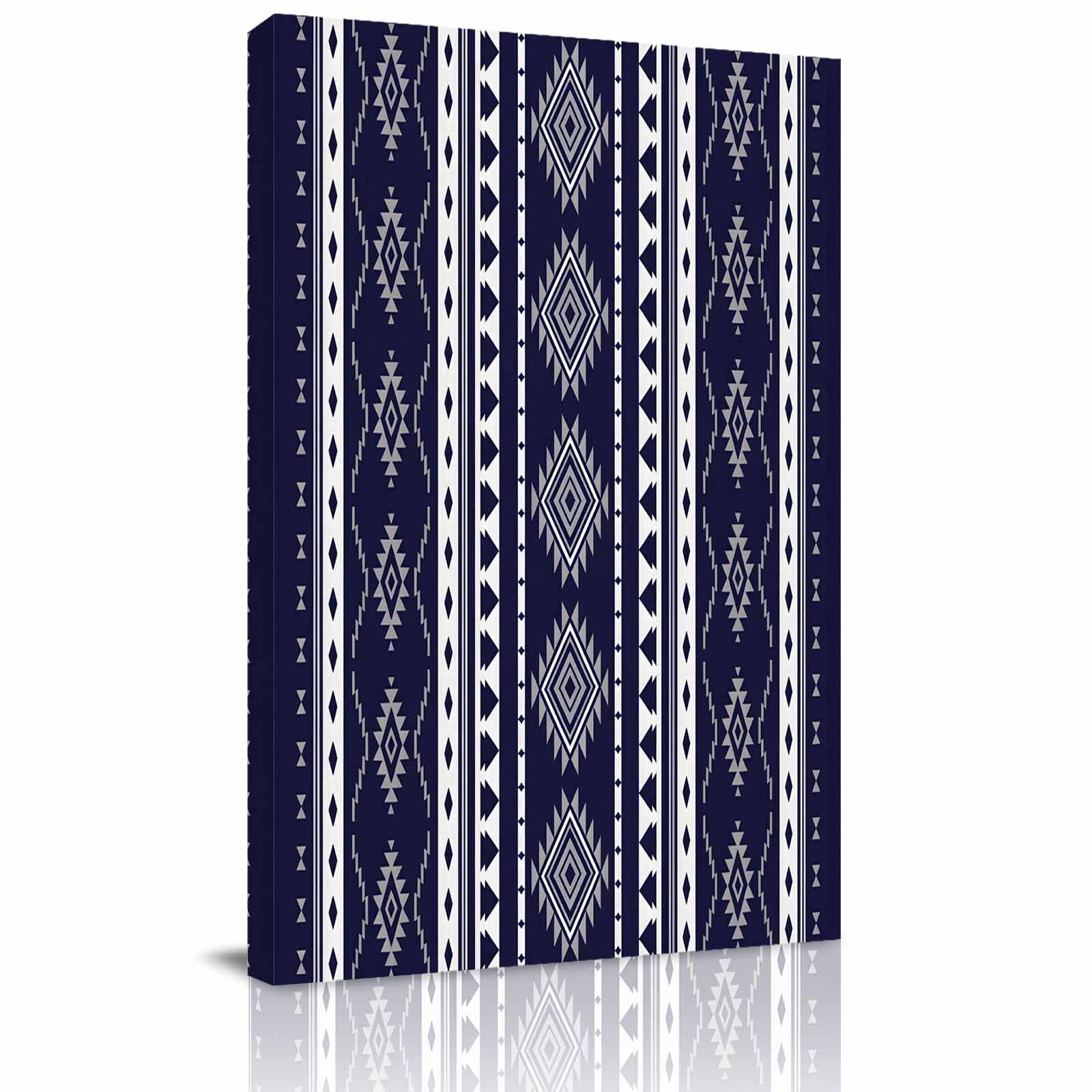 Abstract Stripes Canvas Wall Art for Living Room, Dark Blue Aztec ...