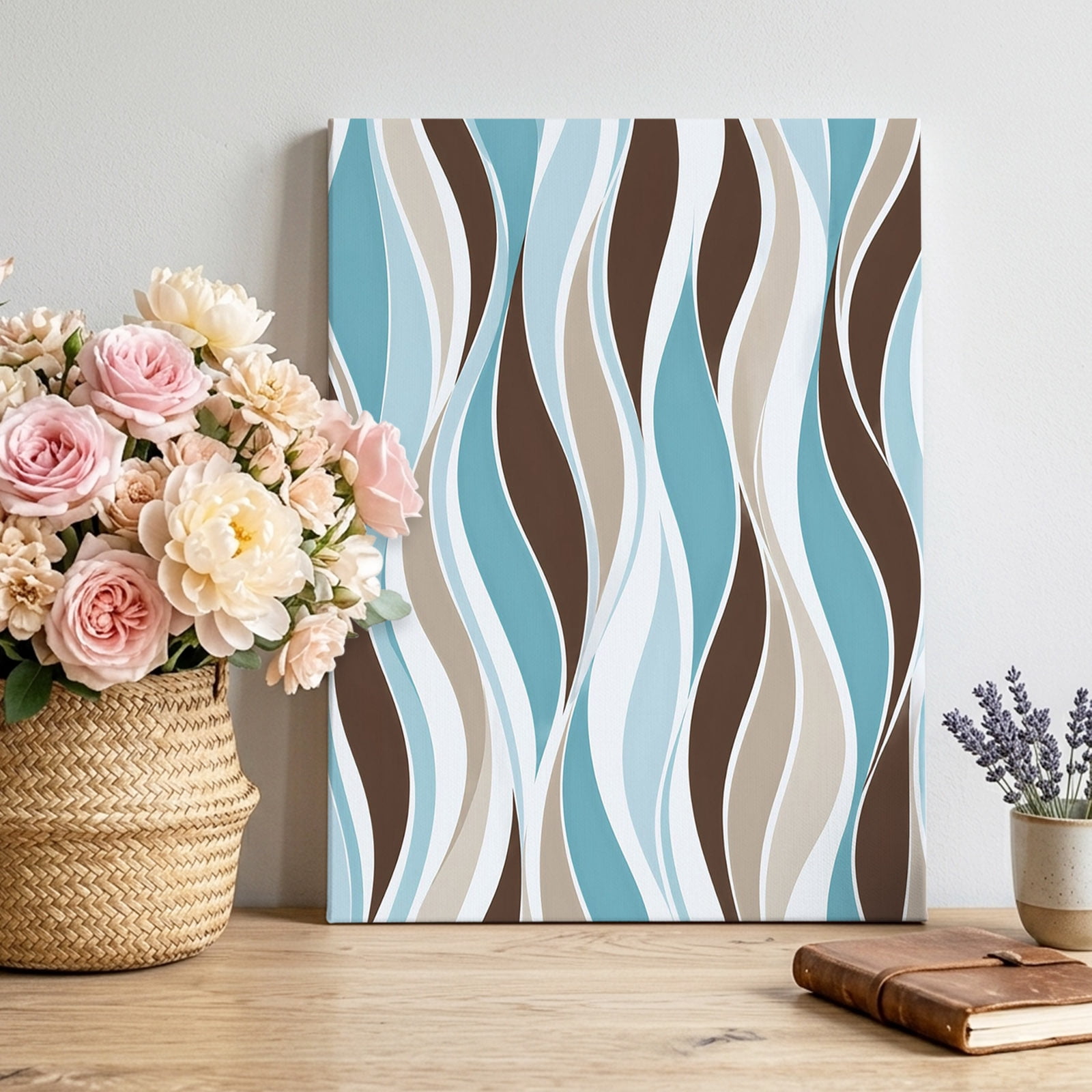Abstract Stripes Canvas Wall Art for Living Room, Geometric Taupe Blue ...