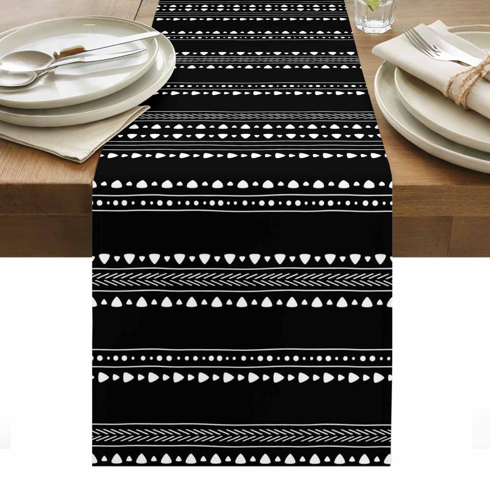 Abstract Stripes Cotton Linen Table Runner African Tribal Boho Black ...