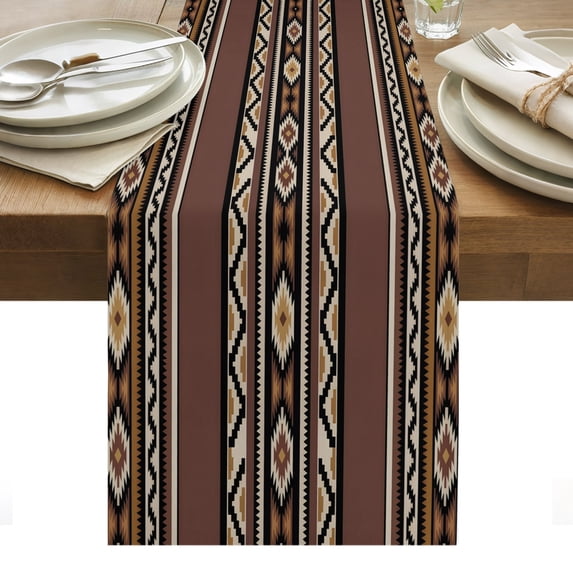 Abstract Stripes Cotton Linen Table Runner Brown Aztec Native Tribal ...