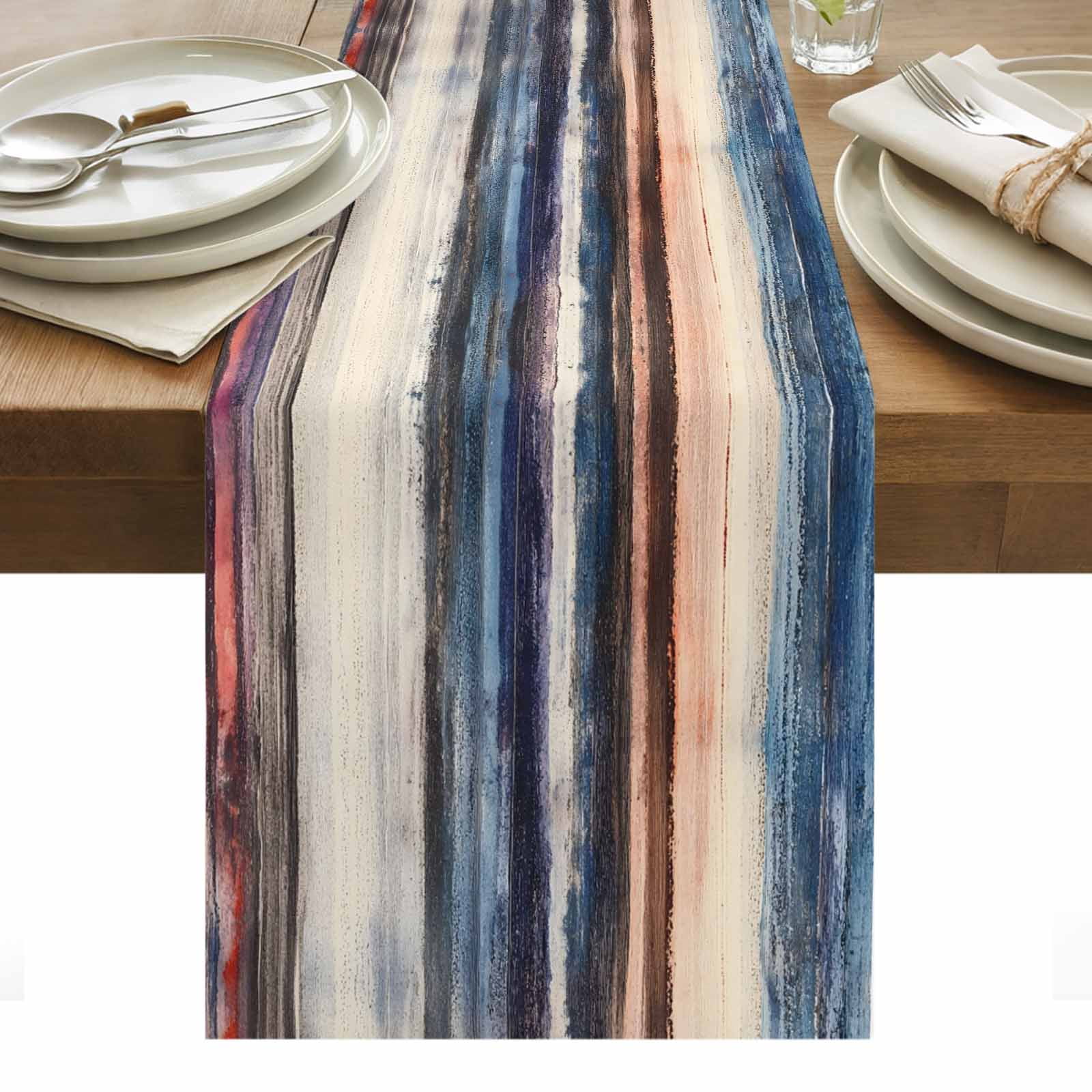 Abstract Stripes Cotton Linen Table Runner Coastal Blue Beige Purple ...