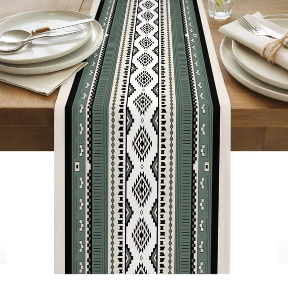 Abstract Stripes Cotton Linen Table Runner Green Beige Aztec Native ...