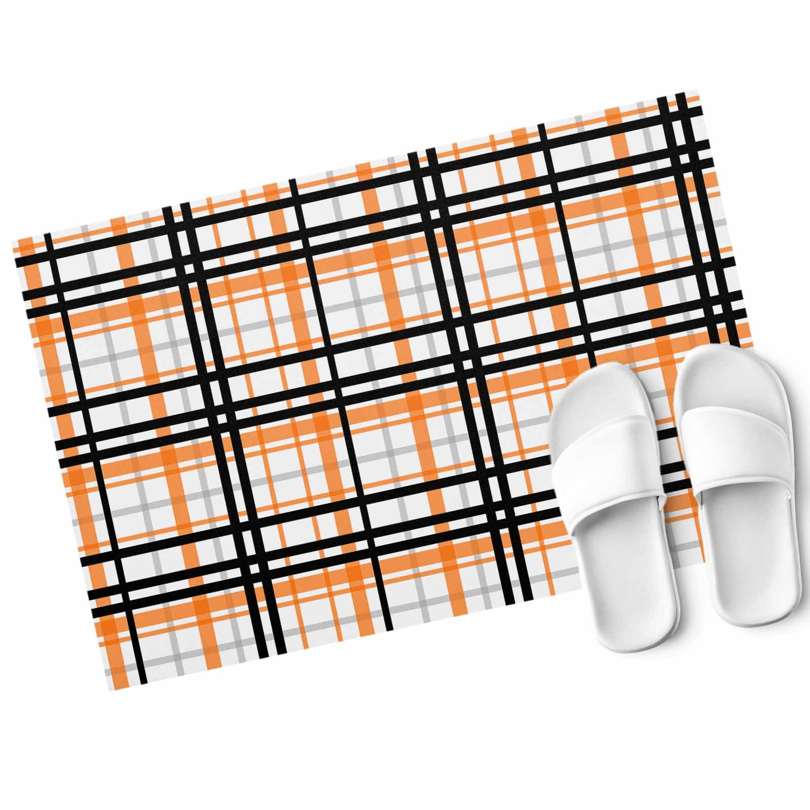 Abstract Stripes Door Mat Orange Black Grey Plaid Non Slip Absorbent ...