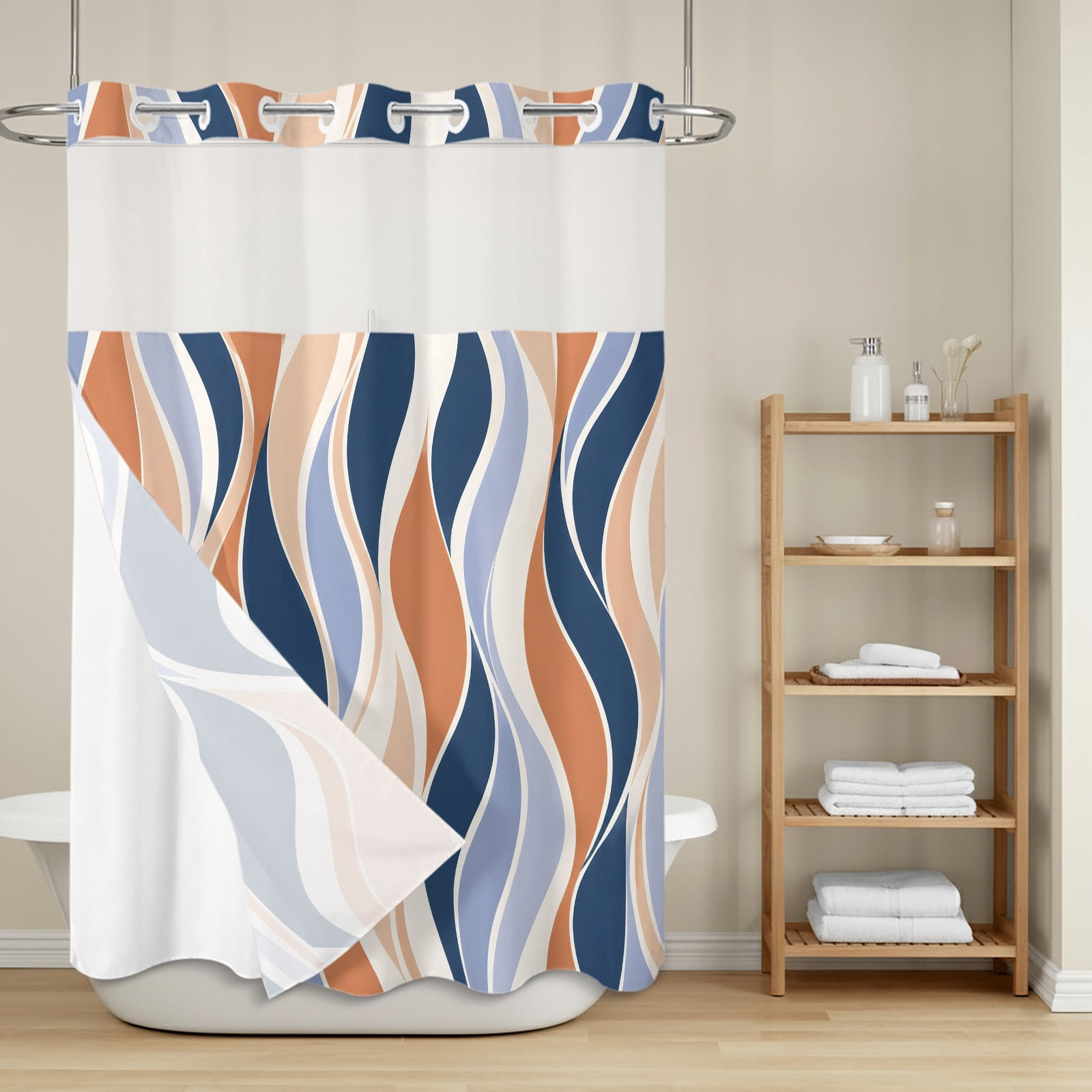 Abstract Stripes No Hook Shower Curtain with Snap in Liner, Geometric ...