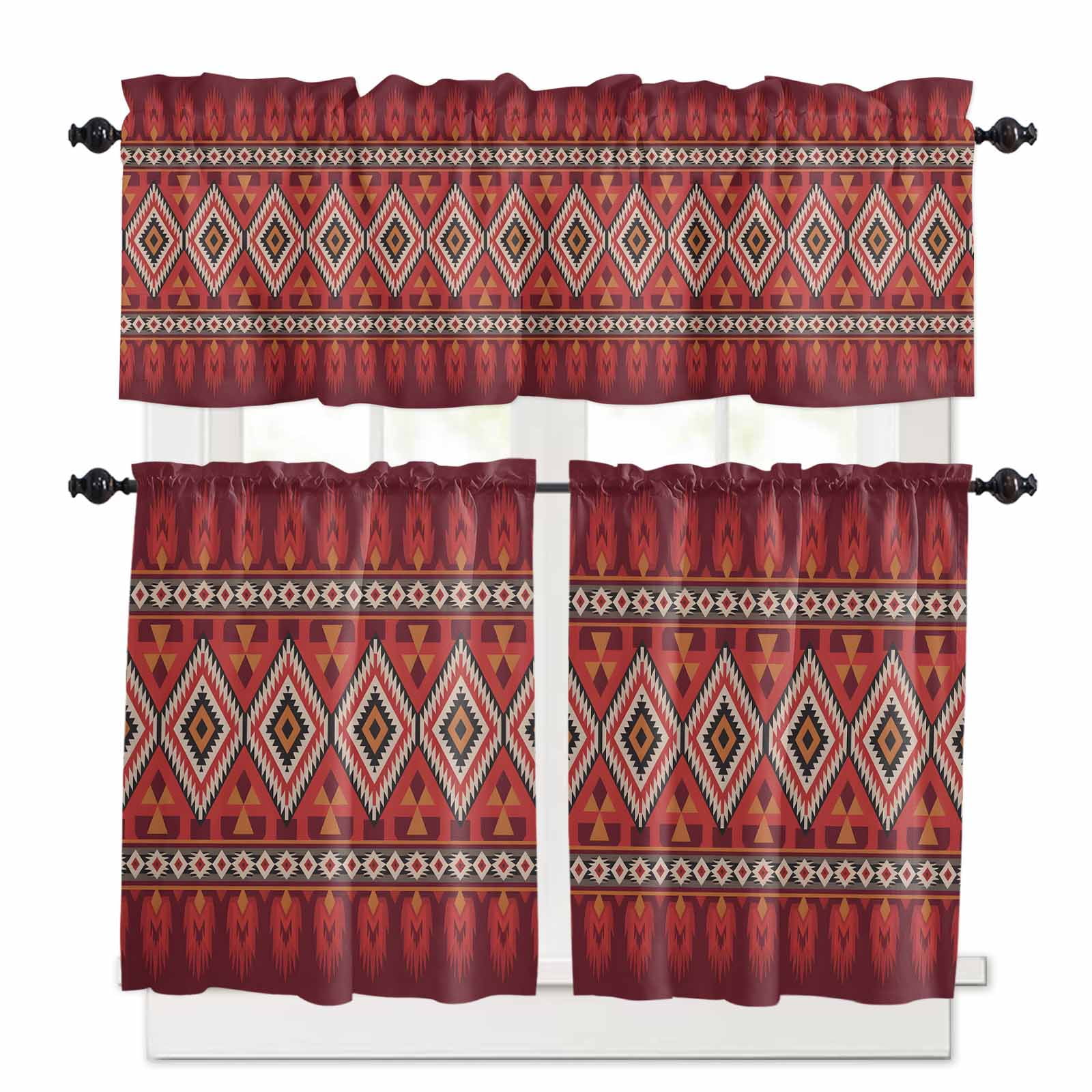Abstract Stripes Kitchen Curtains Valance and Tier Set Red Yellow Aztec ...
