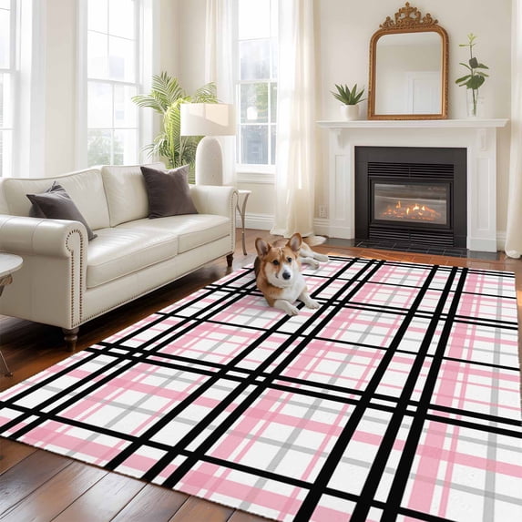 Abstract Stripes Large Area Rugs 6x9 ft Pink Black Grey Plaid Washable ...