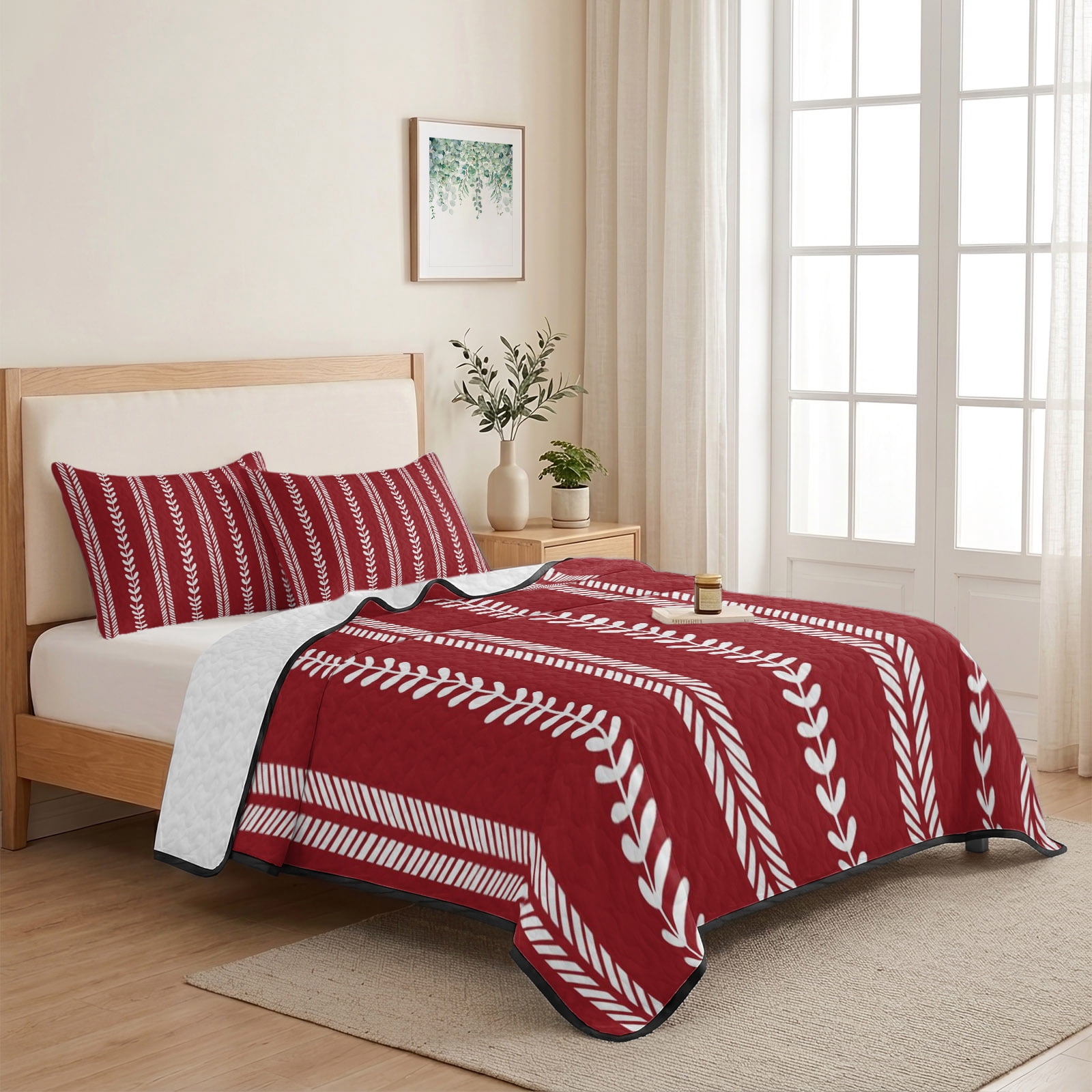 Abstract Stripes Leafy Vine Lines 3 Pieces Quilt Set,1 Quilt with 2 ...