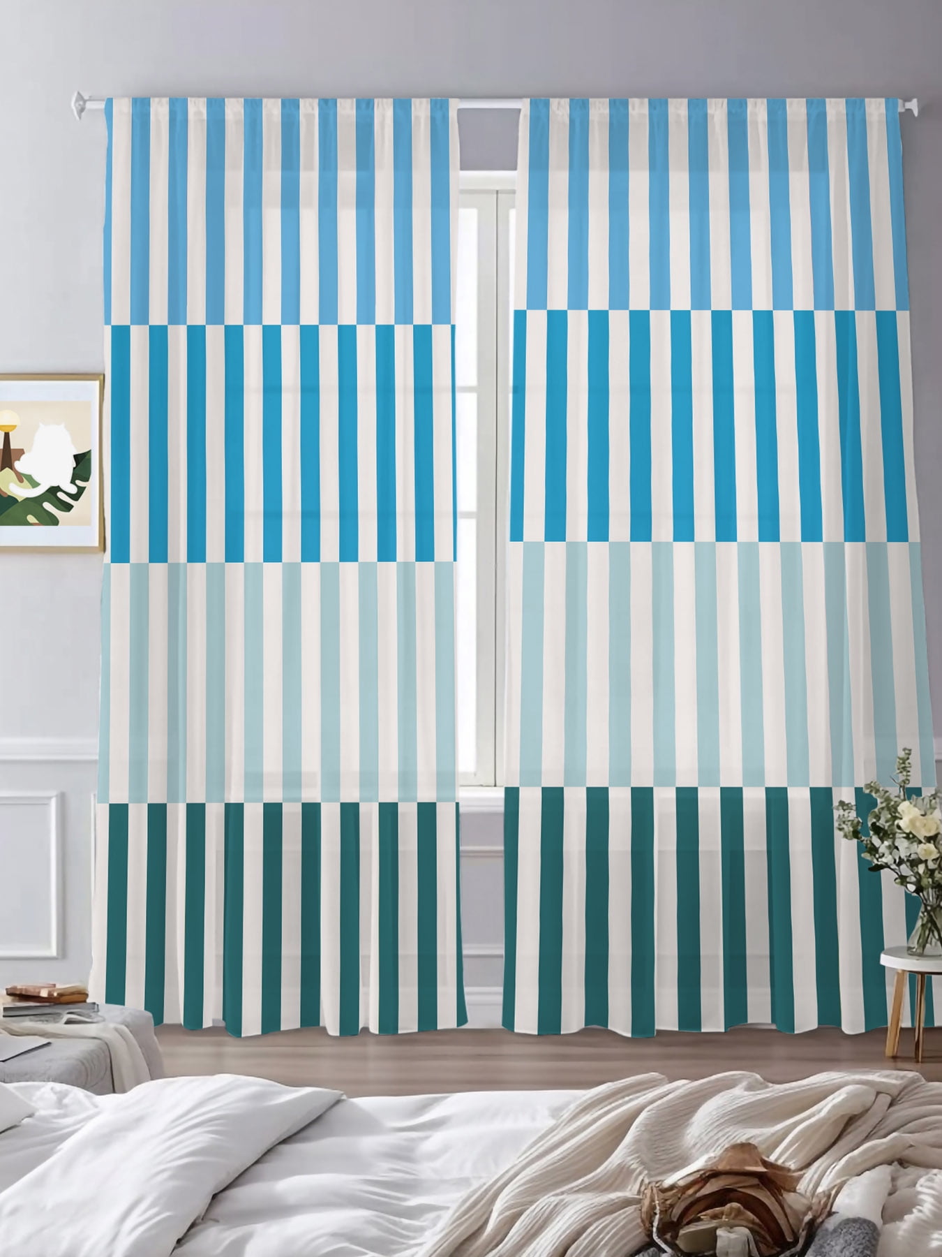 Abstract Stripes Ombre Blue Line Sheer Curtains 2 Panels Set Modern ...