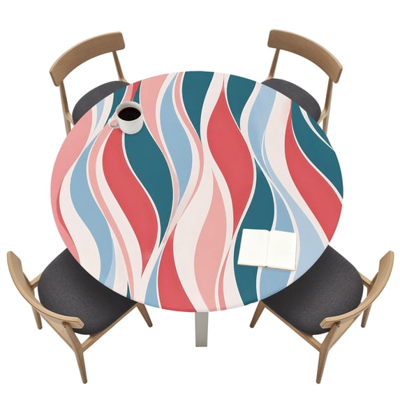 Abstract Stripes Round Fitted Table Cover Geometric Curves Teal Blue ...