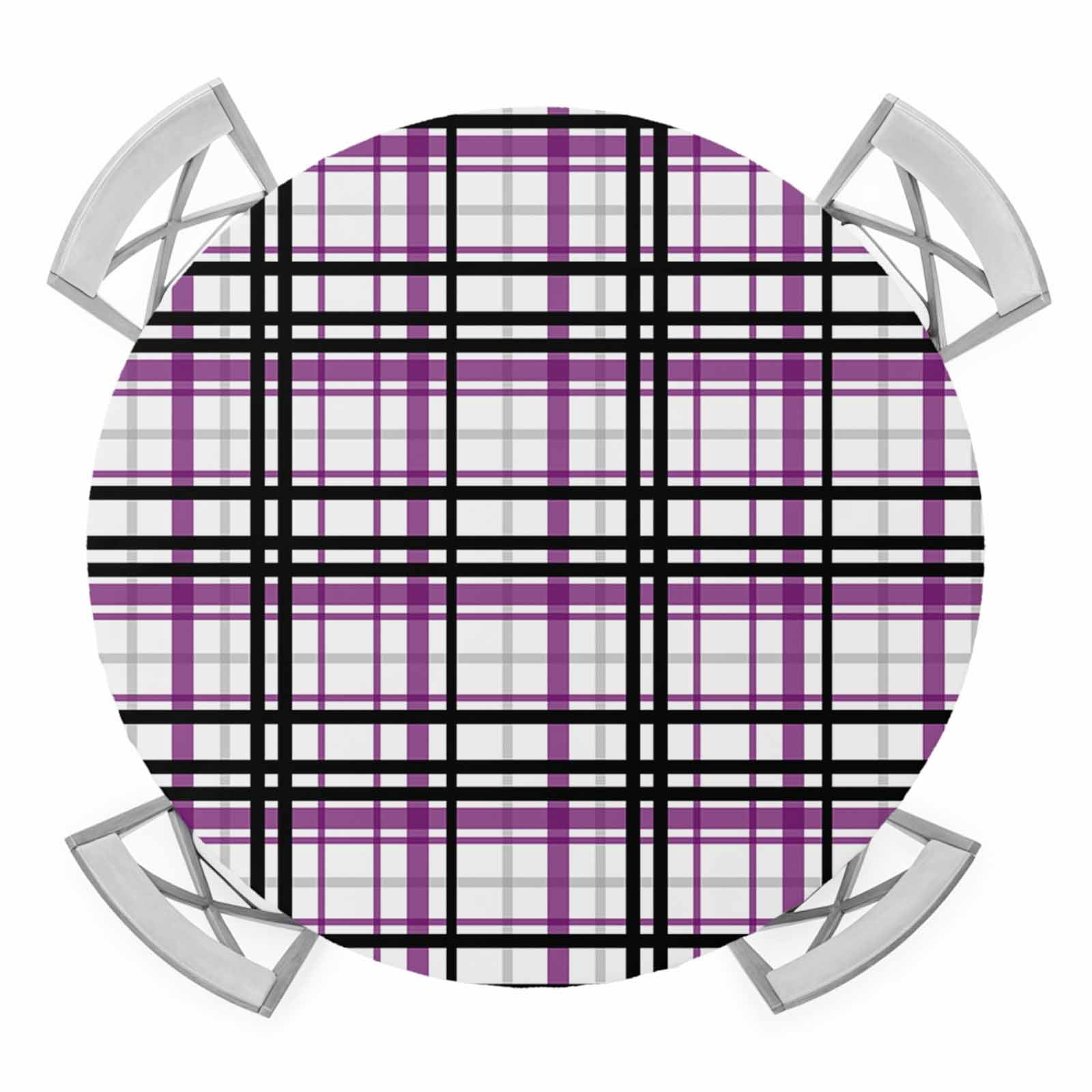 Abstract Stripes Round Table Cover, Purple Black Grey Plaid Waterproof ...