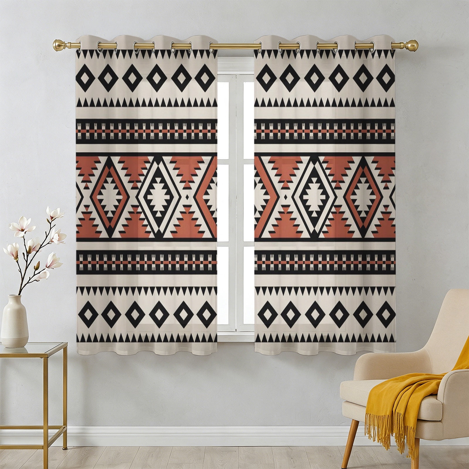 Abstract Stripes Sheer Curtains 39 Inch Long 2 Panels, Black Orange ...