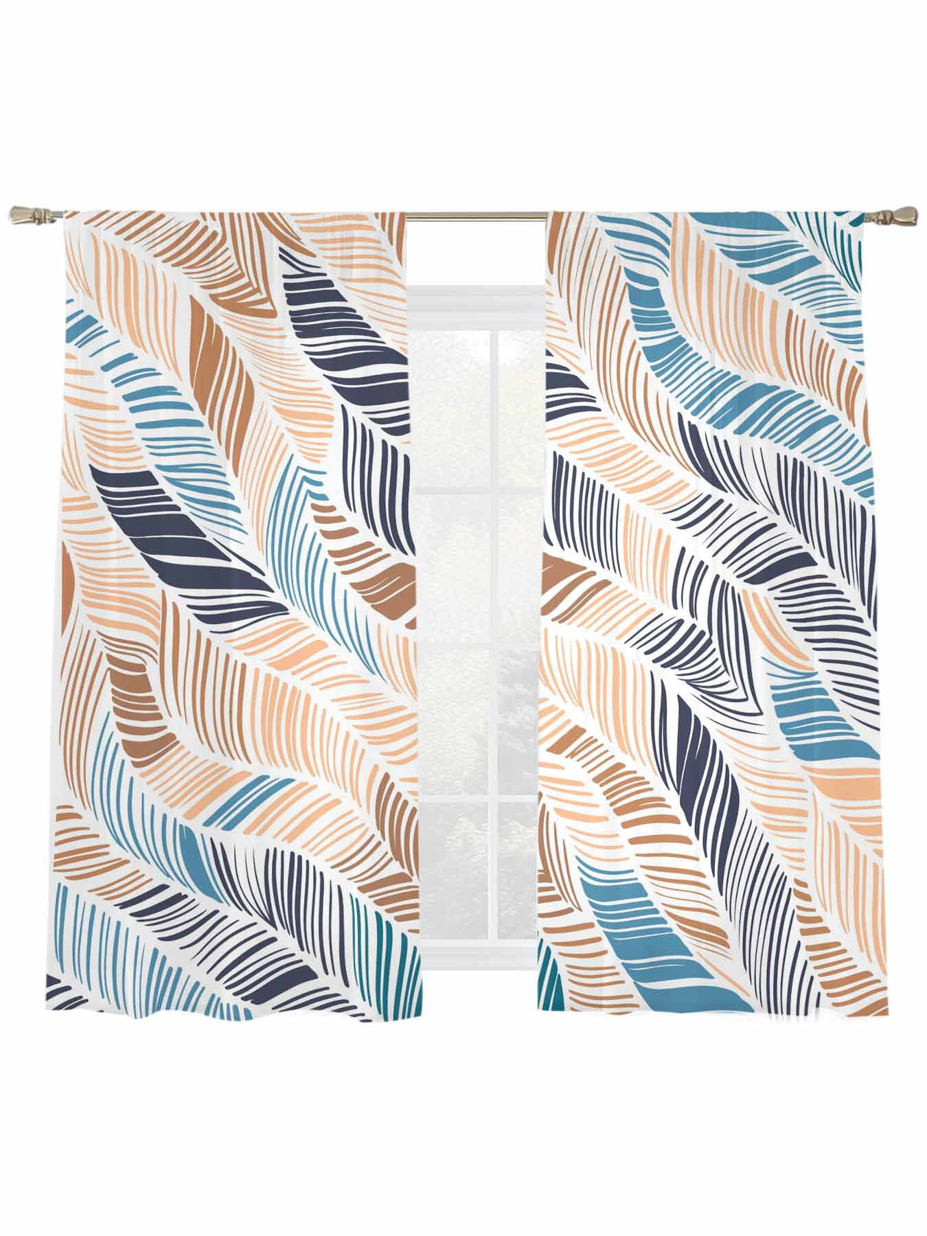 Abstract Stripes Sheer Curtains 63 Inch Long 2 Panels, Brown Blue ...
