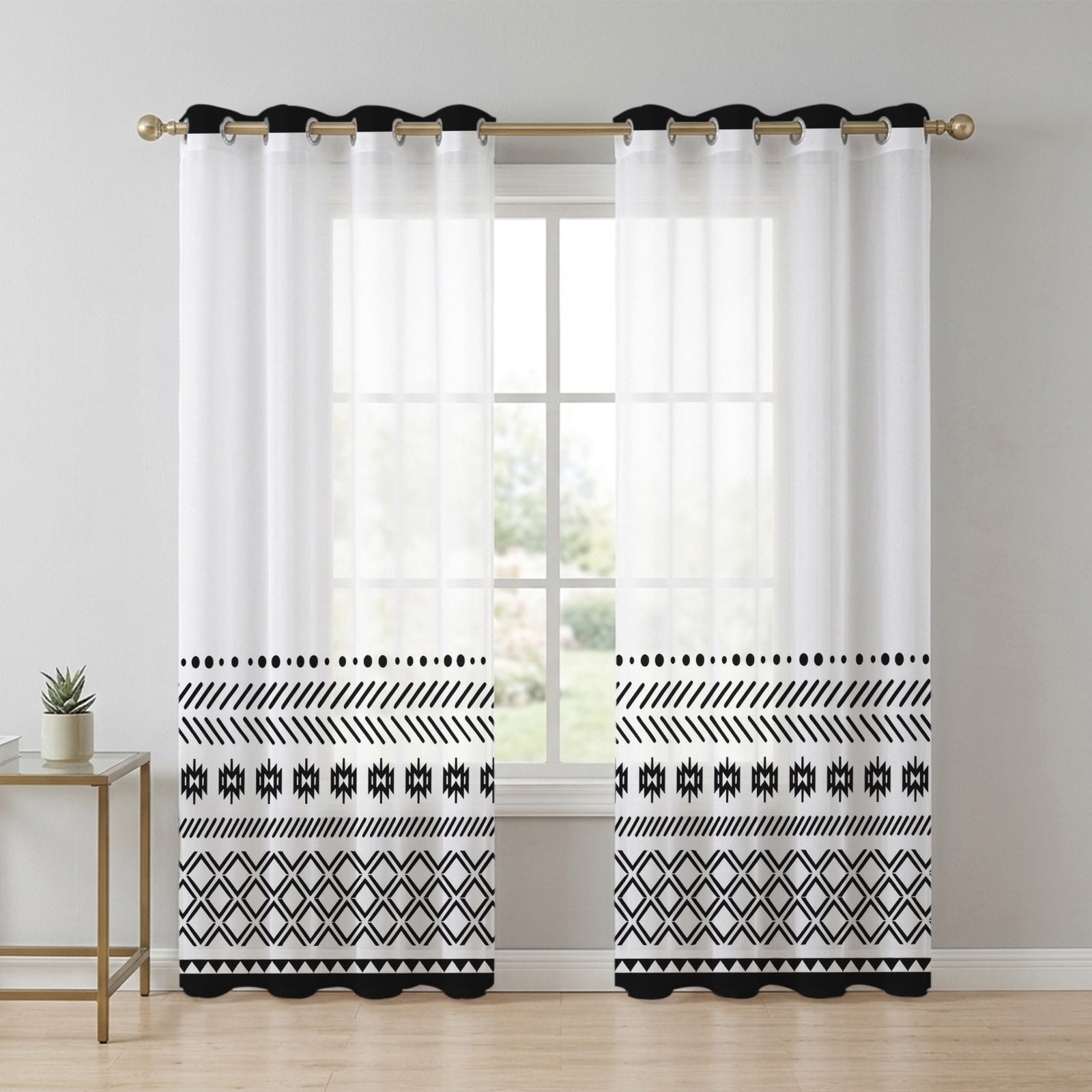 Abstract Stripes Sheer Curtains 72 Inch Long 2 Panels, Boho Aztec Black ...