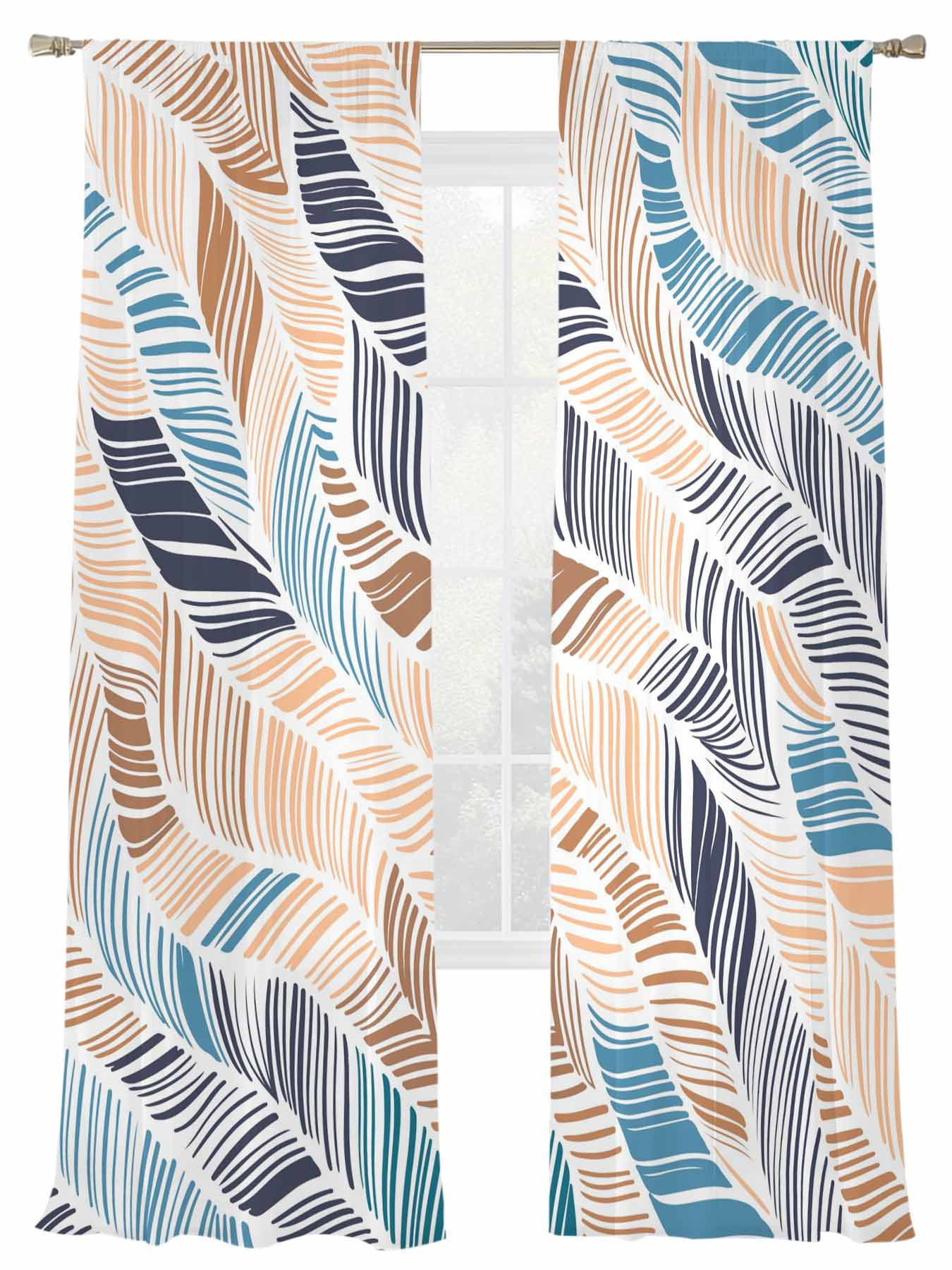 Abstract Stripes Sheer Curtains 84 Inch Long 2 Panels, Brown Blue ...