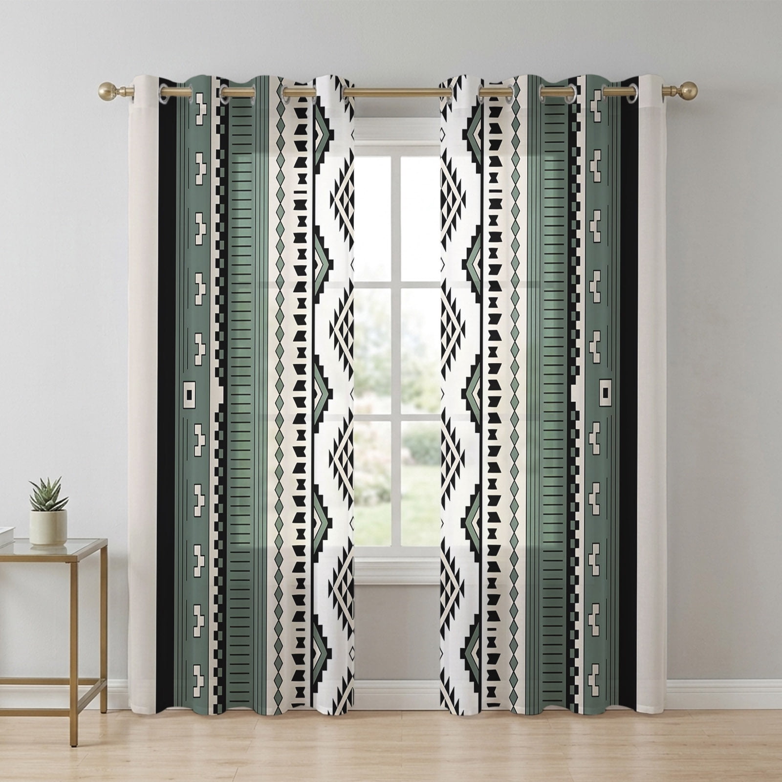 Abstract Stripes Sheer Curtains 96 Inch Long 2 Panels, Green Beige ...