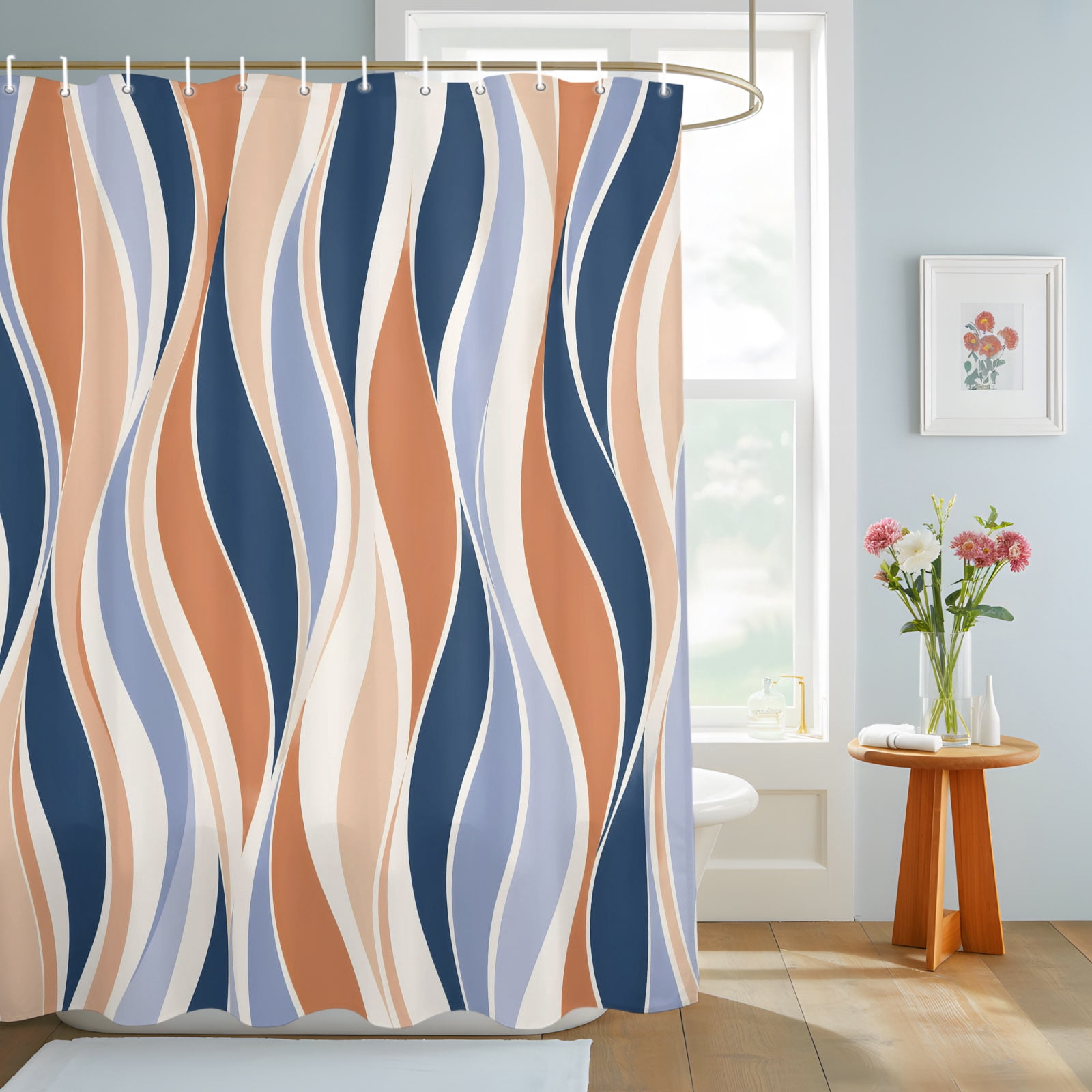 Abstract Stripes Shower Curtain, Geometric Orange Navy Blue Fluid ...