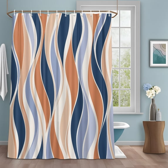 Abstract Stripes Shower Curtain Set with Hooks, Geometric Orange Navy ...