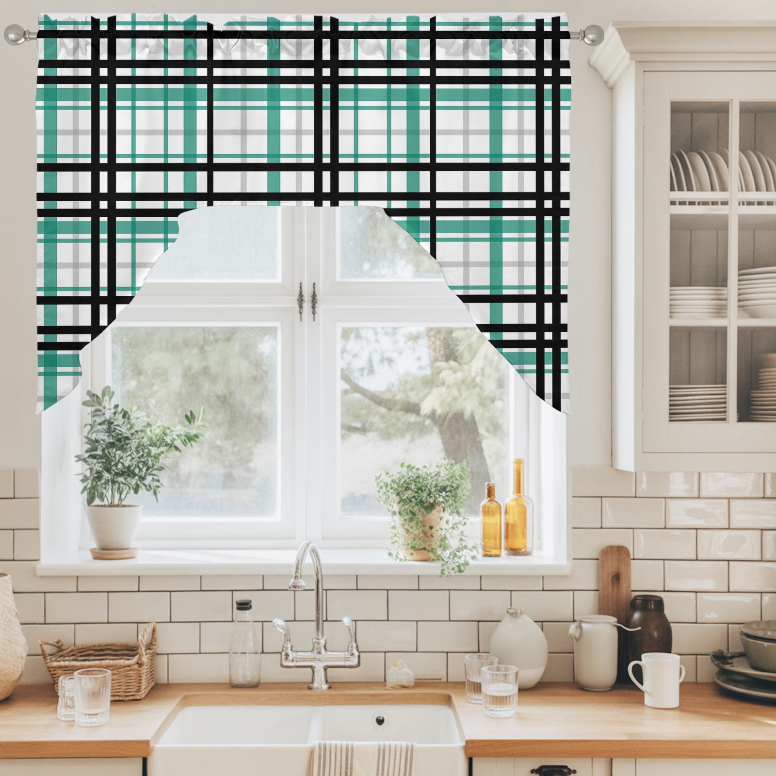 Abstract Stripes Swag Curtain Valance for Windows, Turquoise Black Grey ...