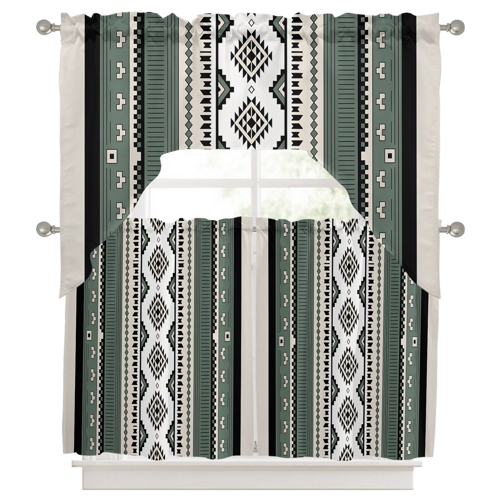 Abstract Stripes Swag Valance and Tier Set of 3, Green Beige Aztec ...