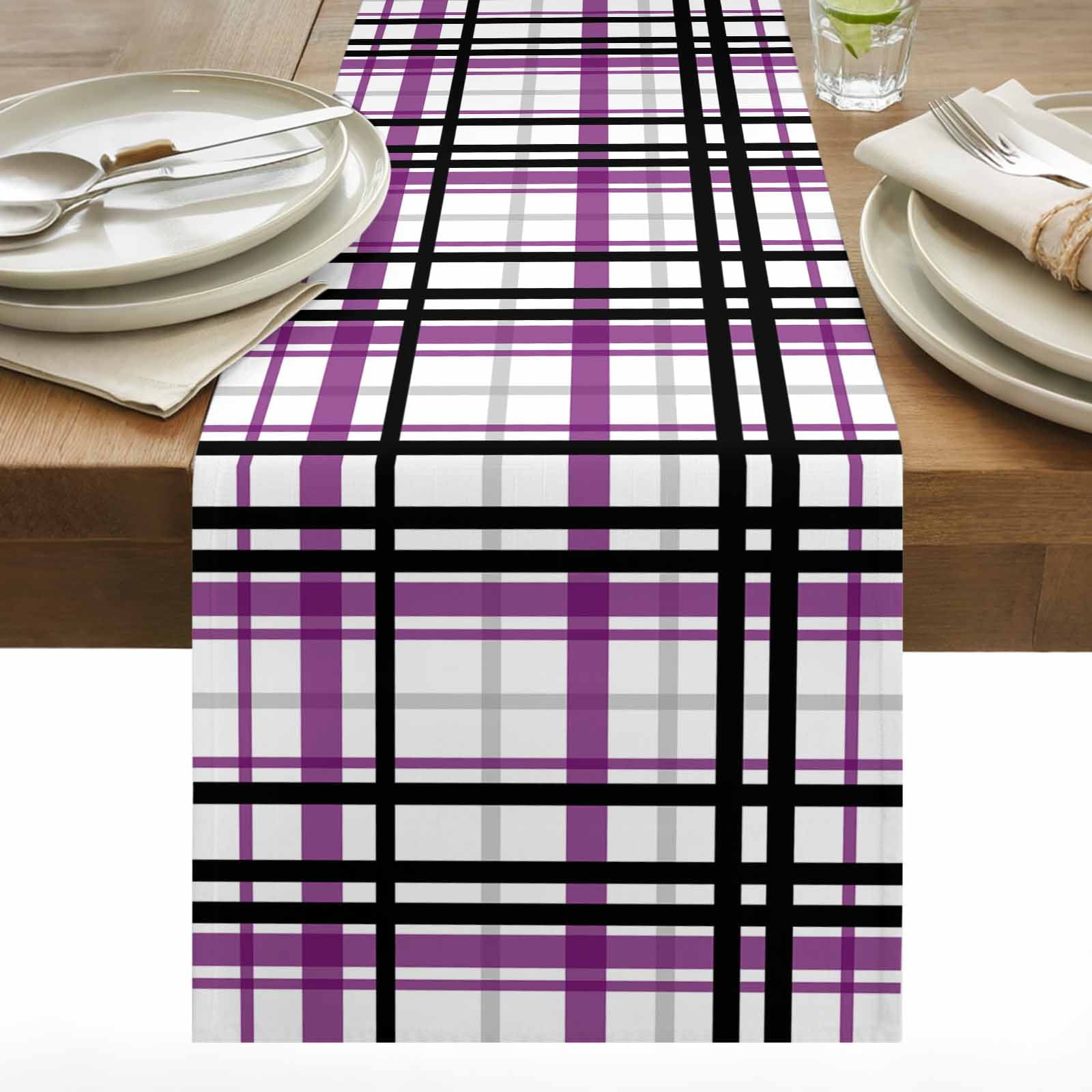 Abstract Stripes Table Runner 13x48 inch Purple Black Grey Plaid Cotton ...