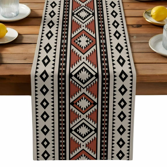 Abstract Stripes Table Runner, Black Orange Aztec Ethnic Tribal Stripes ...