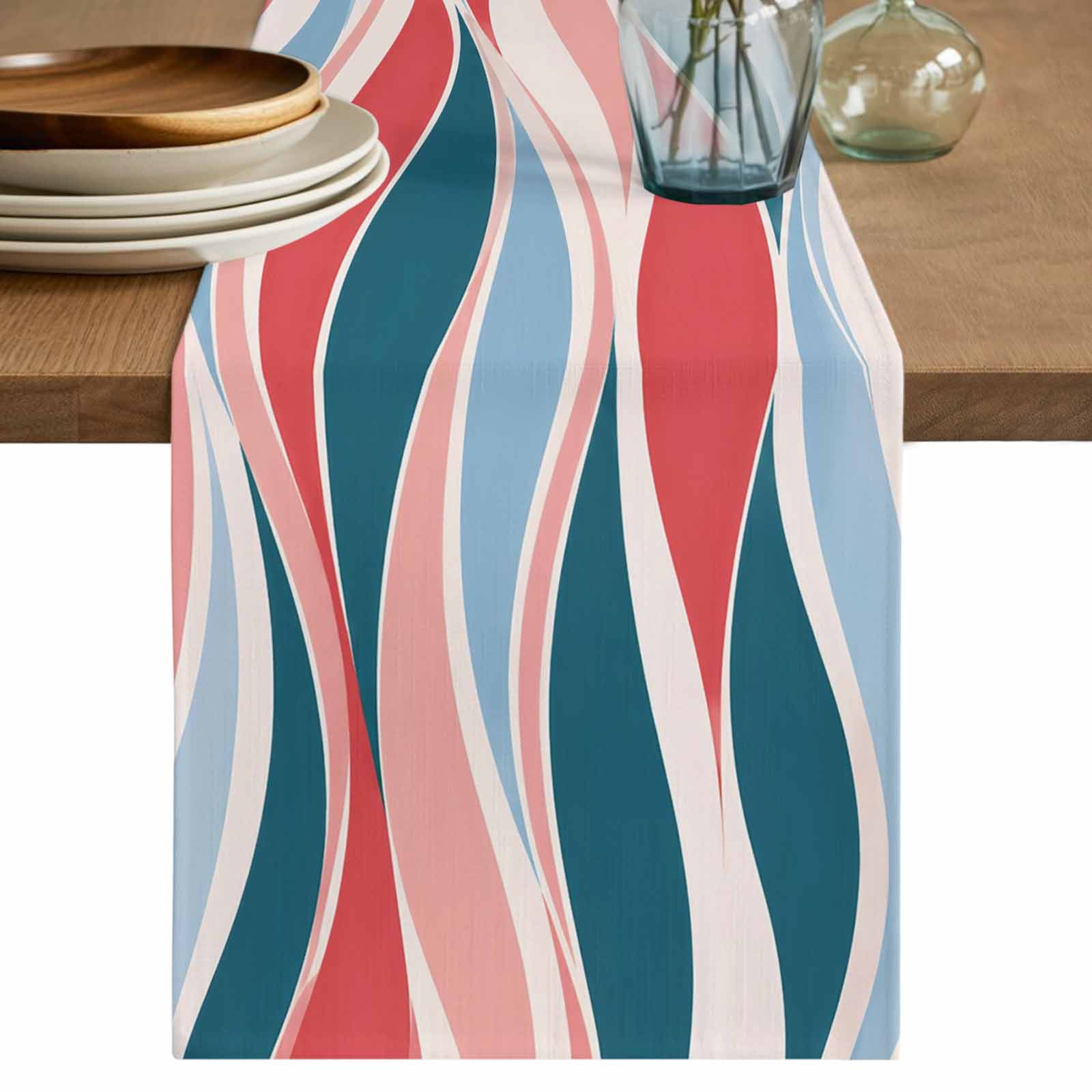 Abstract Stripes Table Runner, Geometric Curves Teal Blue Red Fluid ...