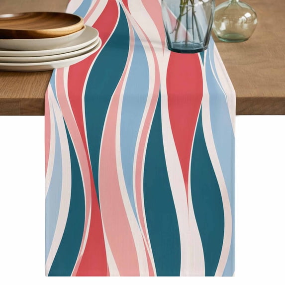 Abstract Stripes Table Runner, Geometric Curves Teal Blue Red Fluid ...