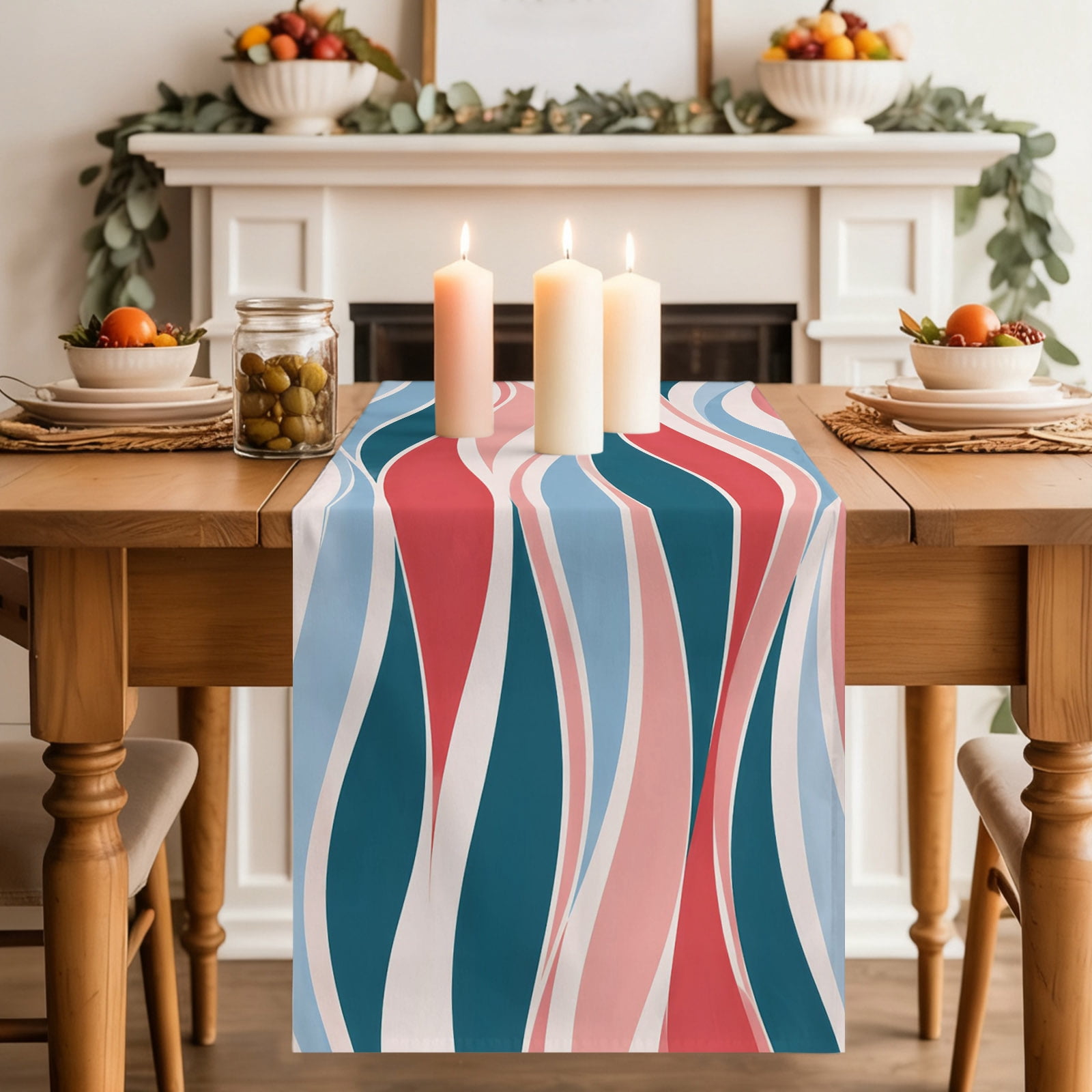 Abstract Stripes Table Runner, Geometric Curves Teal Blue Red Fluid ...