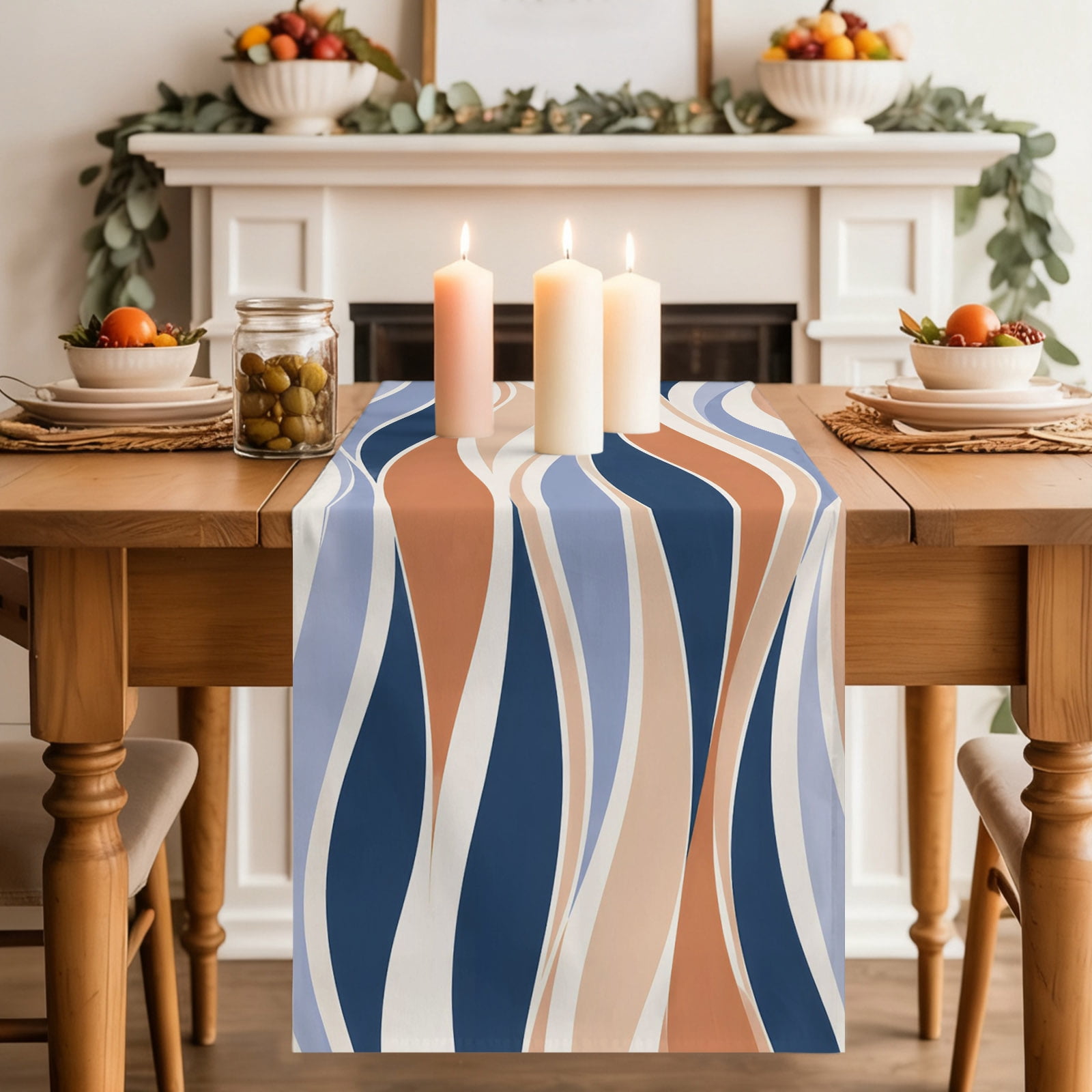 Abstract Stripes Table Runner, Geometric Orange Navy Blue Fluid Ribbons ...