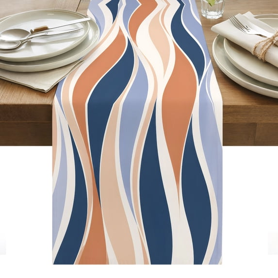 Abstract Stripes Table Runner, Geometric Orange Navy Blue Fluid Ribbons ...