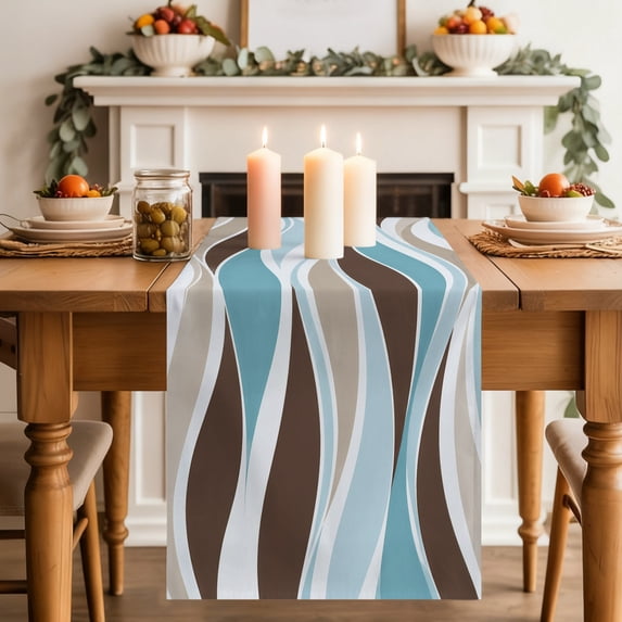 Abstract Stripes Table Runner, Geometric Taupe Blue Fluid Ribbons Wavy ...