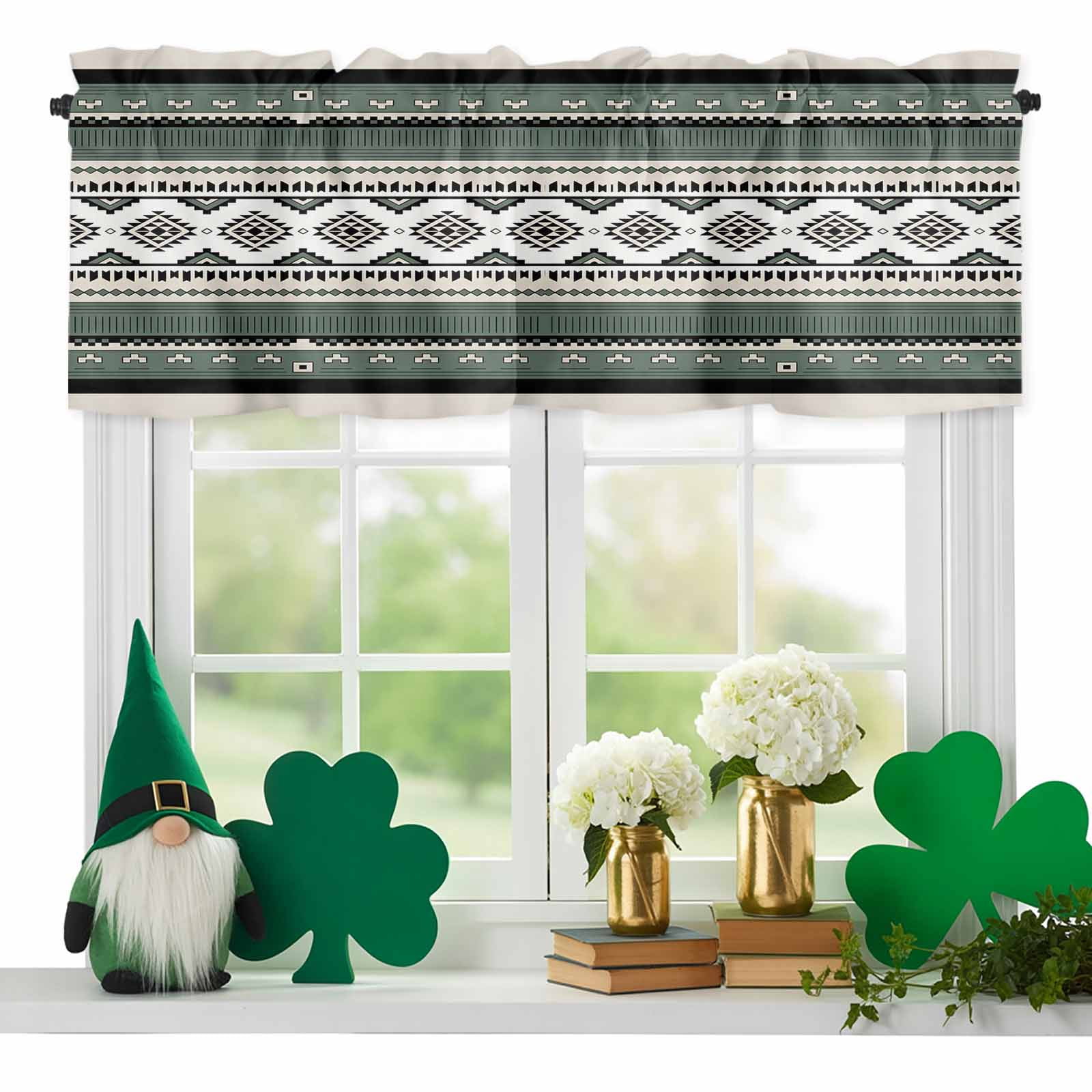 Abstract Stripes Valances for Windows, Green Beige Aztec Native Tribal ...