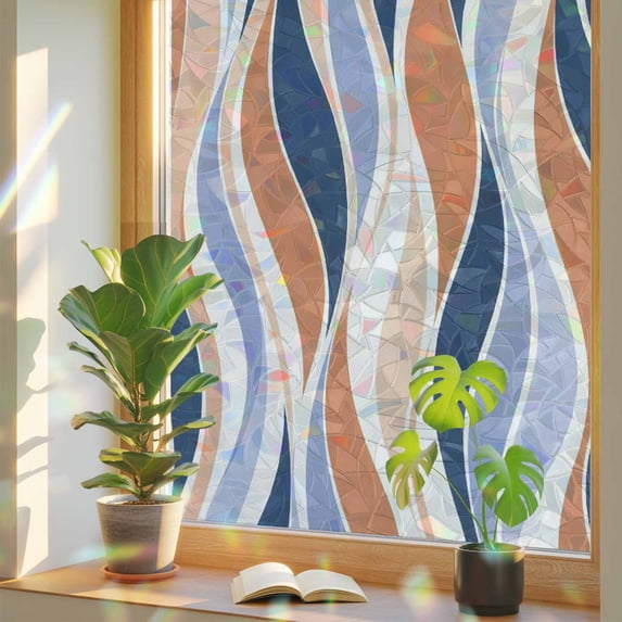 Abstract Stripes Window Privacy Film, Geometric Orange Navy Blue Fluid ...