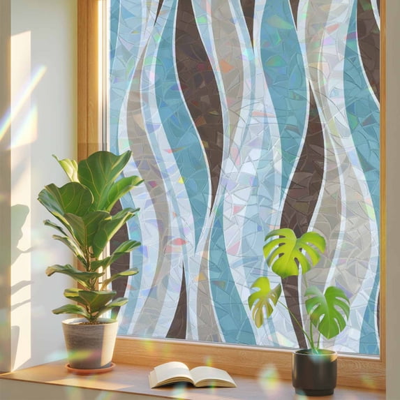 Abstract Stripes Window Privacy Film, Geometric Taupe Blue Fluid ...
