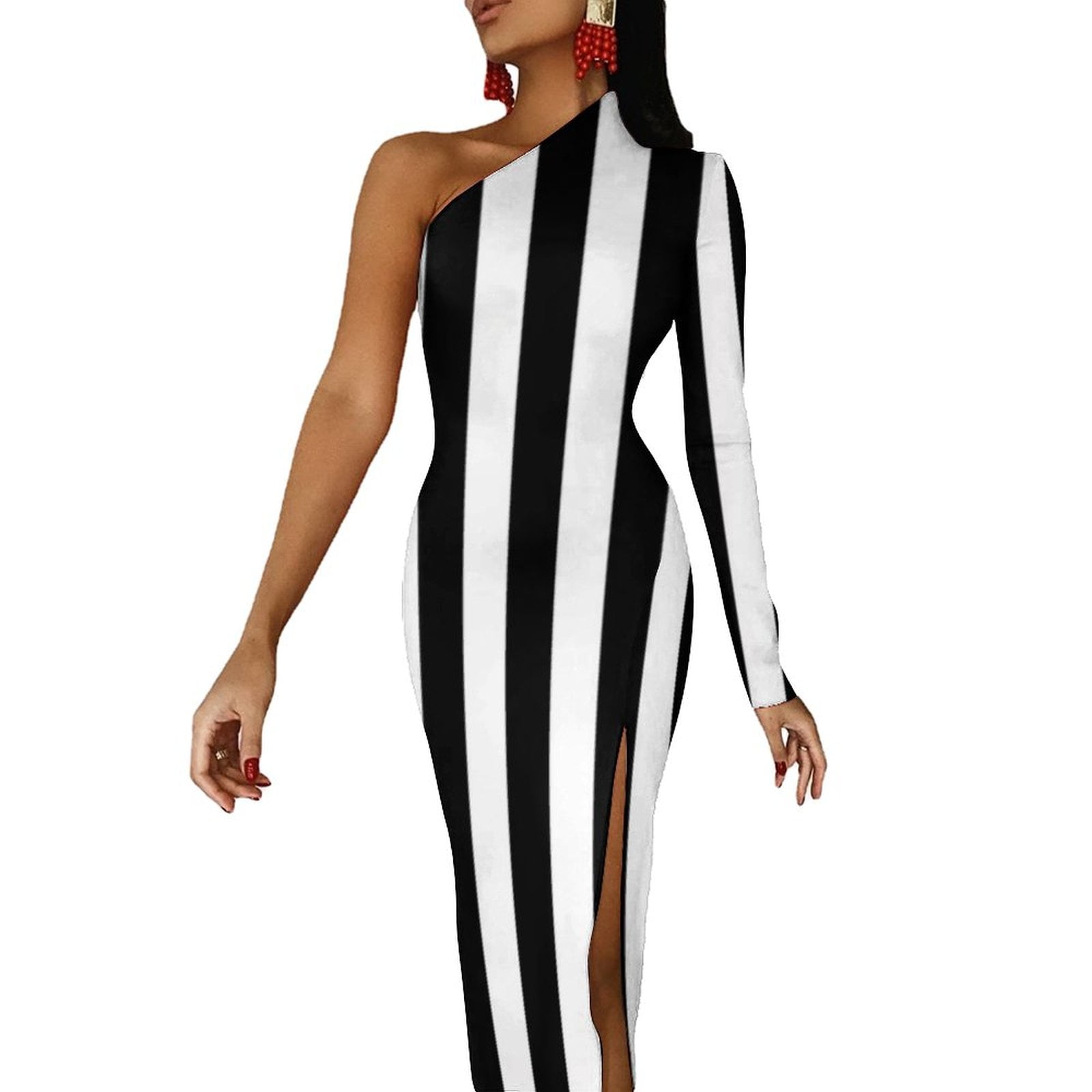 Abstract Stripped Design Bodycon Dress Womens Black White Stripes Club ...