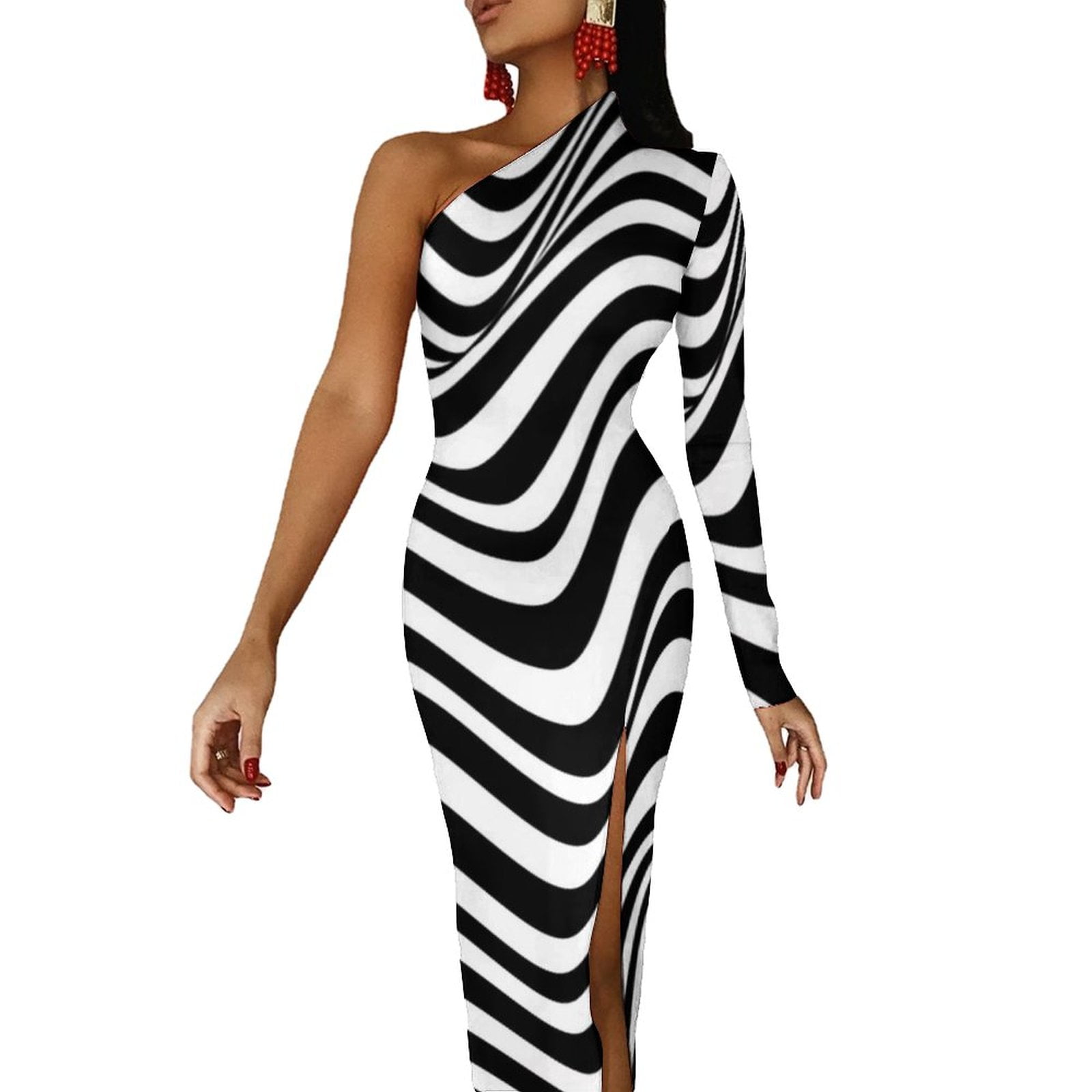 Abstract Stripped Design Bodycon Dress Womens Black White Stripes Club ...