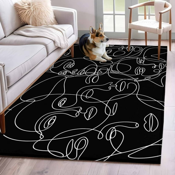 Abstract Style Area Rugs 3x5 ft Black Modern Simple Character Line ...