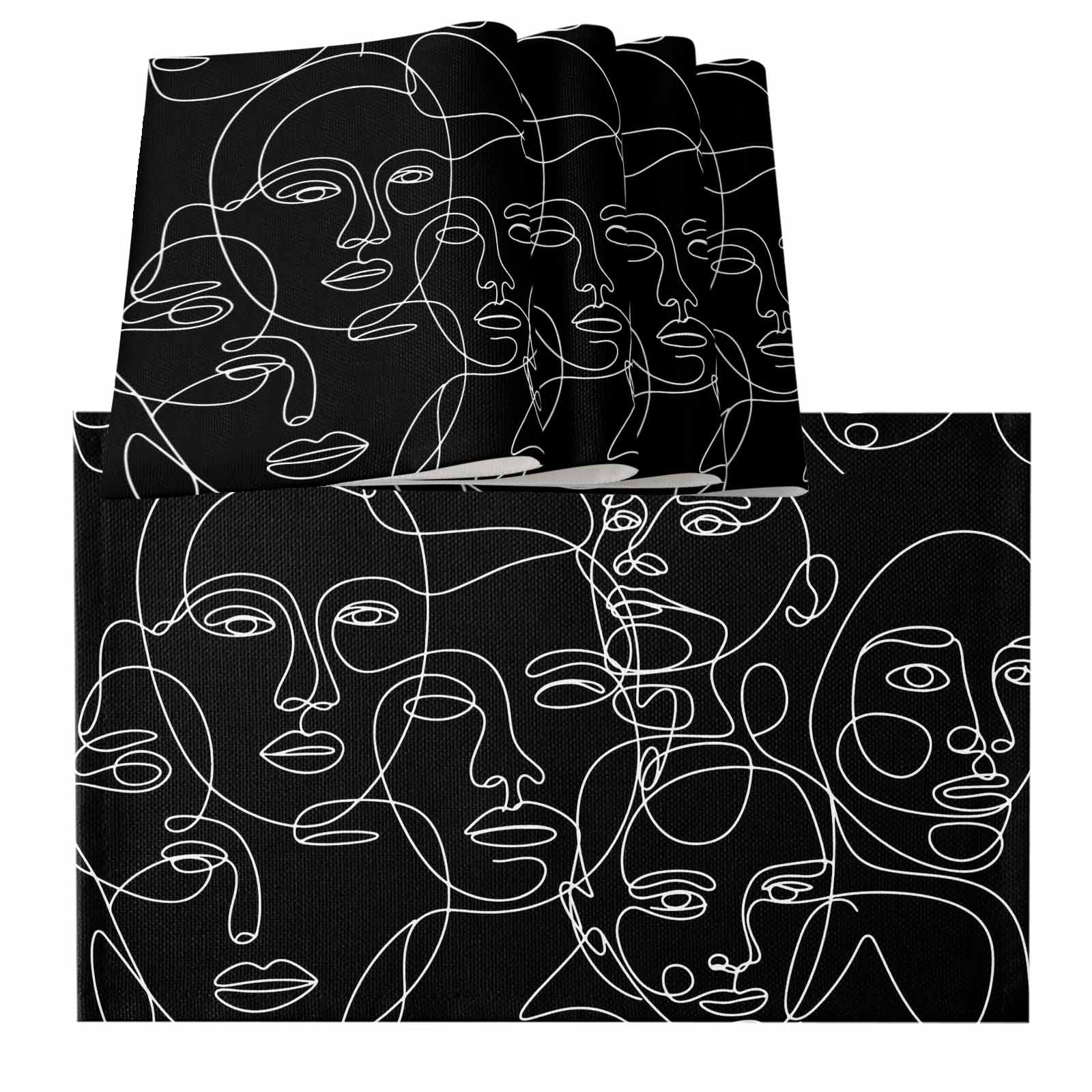 Abstract Style Black Face Line Modern Character Art Burlap Kitchen ...