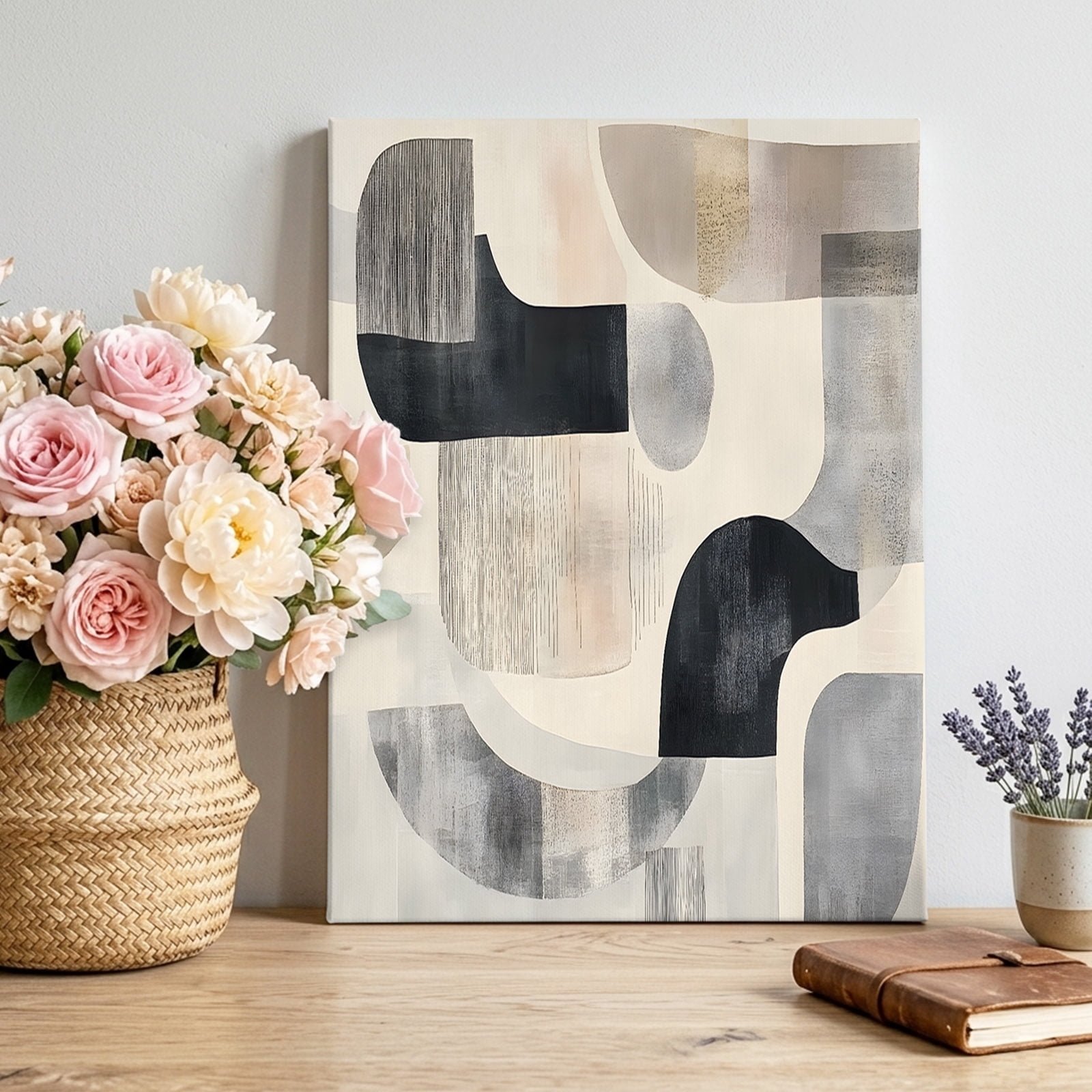 Abstract Style Canvas Wall Art for Living Room, Vintage Beige Black ...