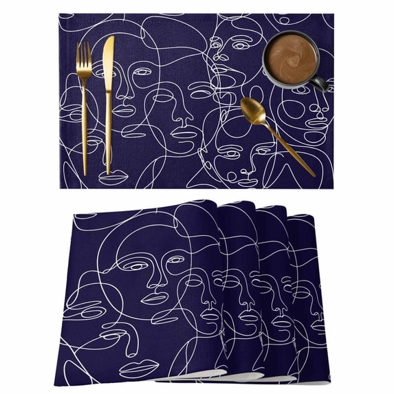 Abstract Style Cotton Linen Placemats Set of 6, Blue Modern Simple ...